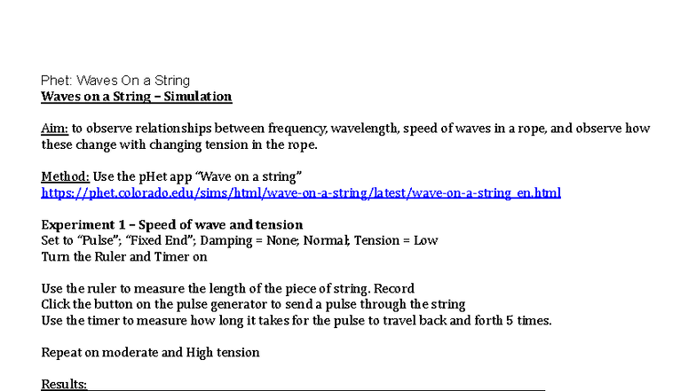 Phet: Waves on a String - Lab Experiments and Analysis - Studocu