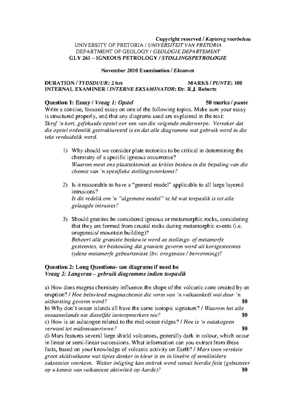 Gly 261 Exam 2010: Igneous Petrology Questions & Essay Topics - Studocu