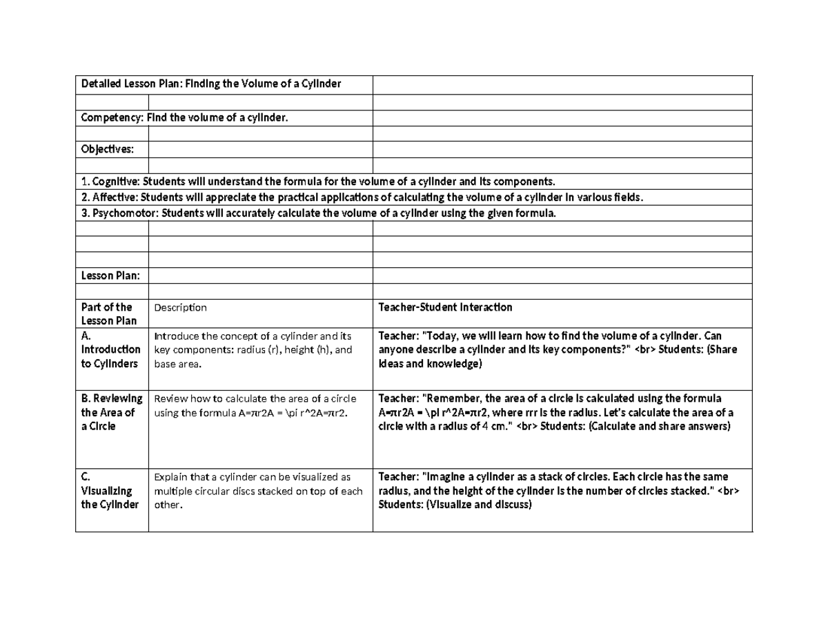 DLP 4 - BSED MATH: Lesson Plan on Volume of a Cylinder - Studocu