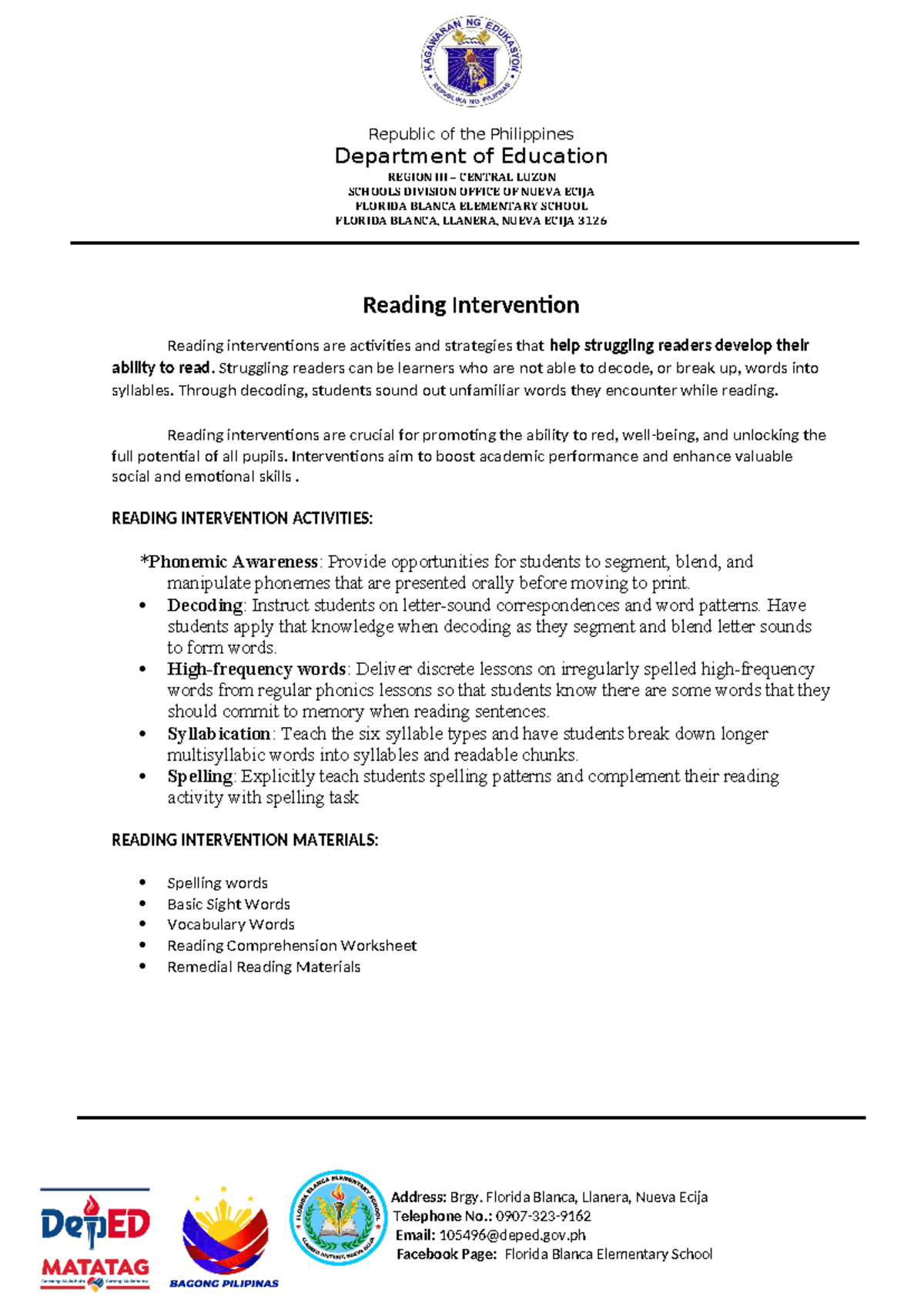 Reading intervention - Department of Education REGION III – CENTRAL ...
