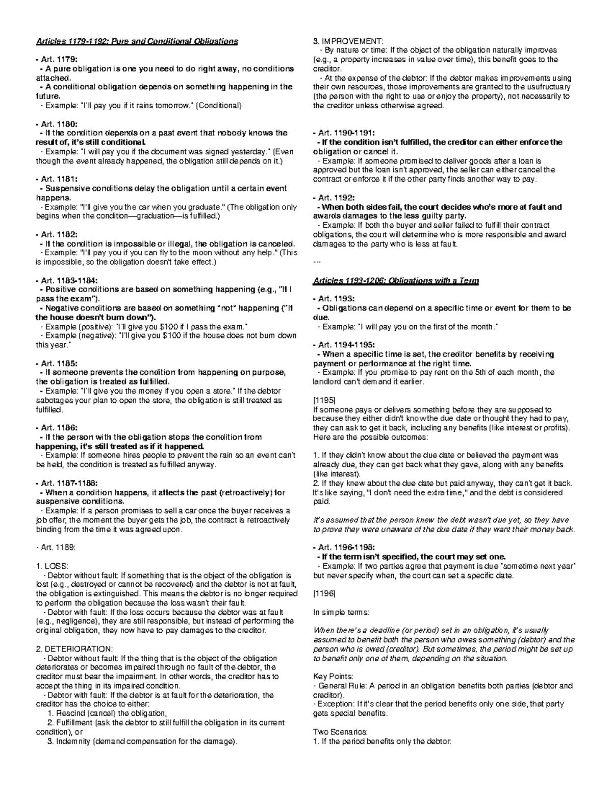 Articles 1179-1230: Overview of Pure, Conditional Obligations, and More ...
