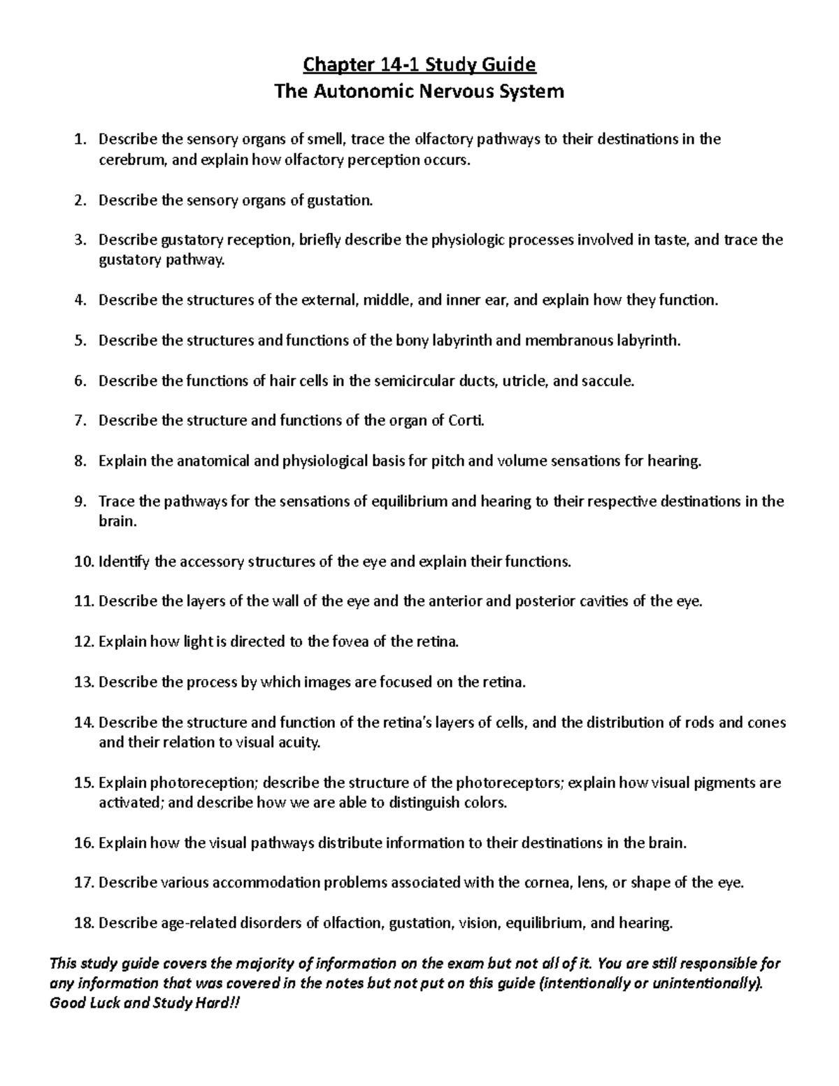 Openstax BIOL 101 Chapter 14-1 Study Guide: Autonomic Nervous System ...