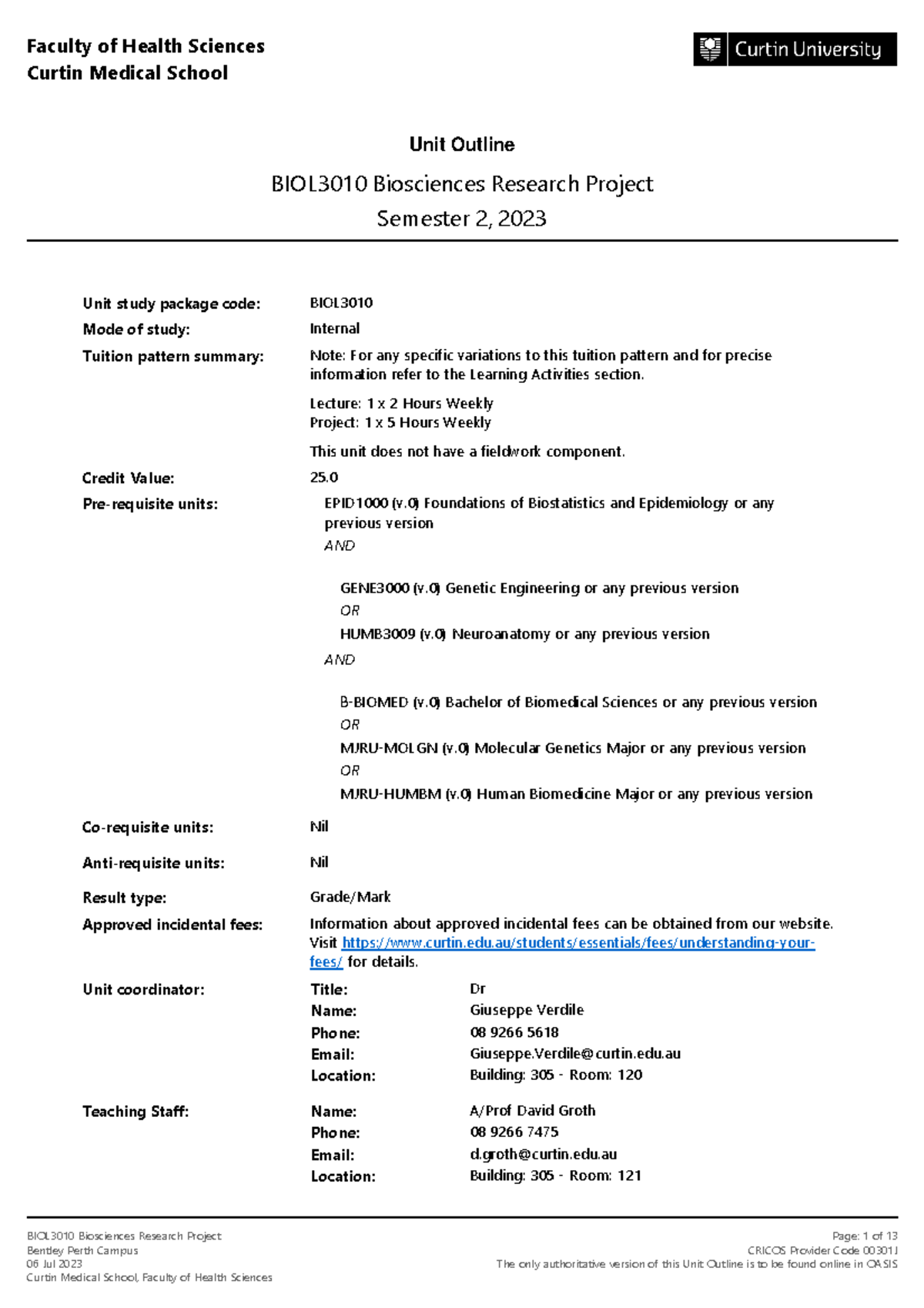 BIOL3010 Biosciences Research Project Unit Outline - Semester 2 2023 ...