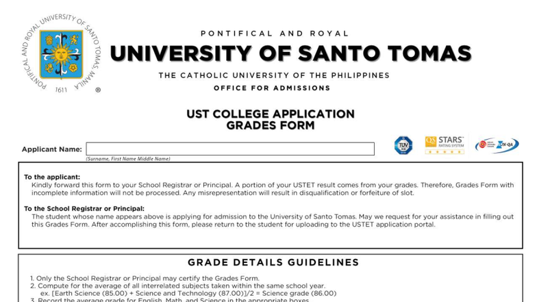 UST College Application Grades Form 2025 - TUV Rating System - Studocu