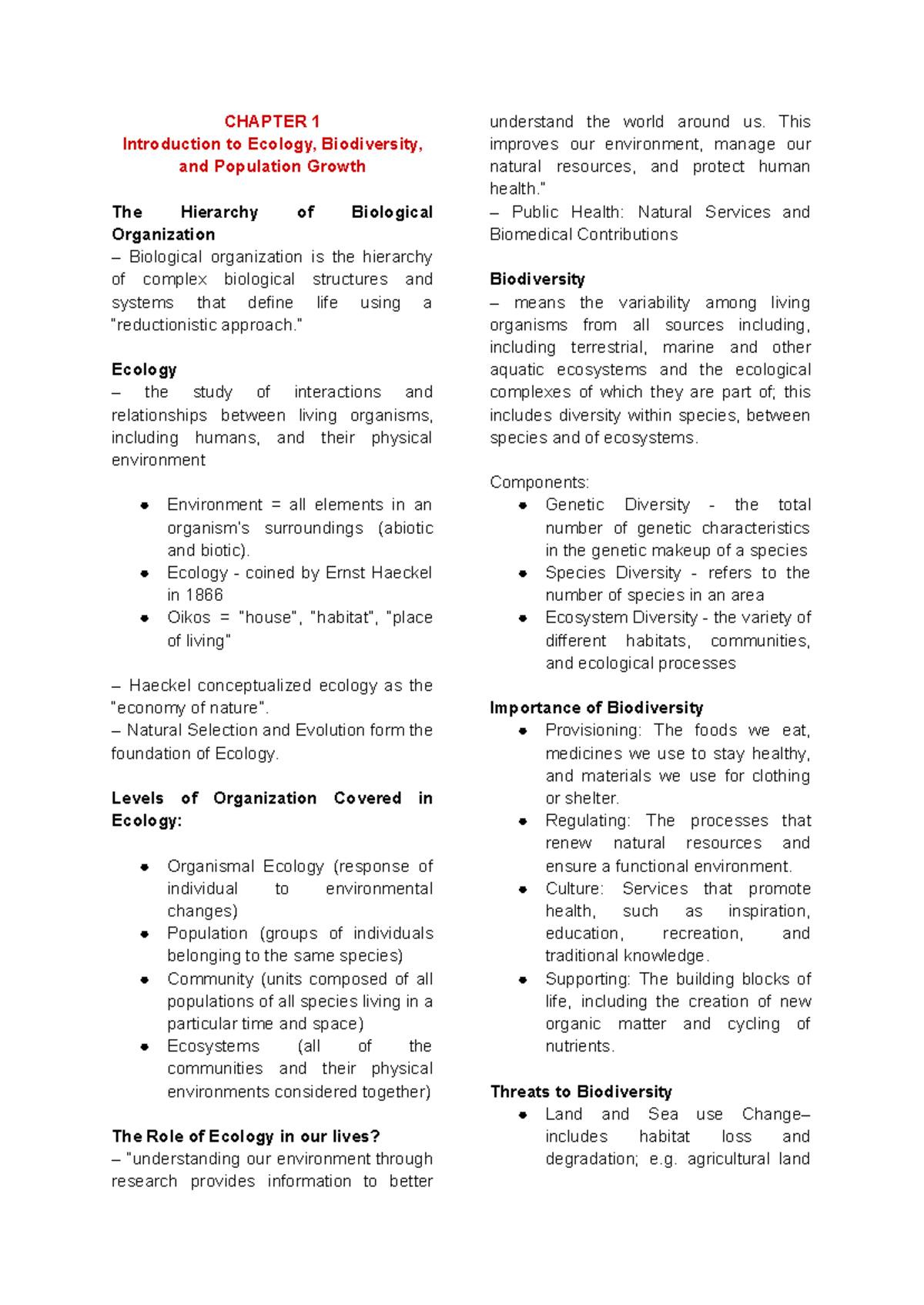 Ecology 101: Chapter 1 - Introduction to Ecology & Biodiversity - Studocu