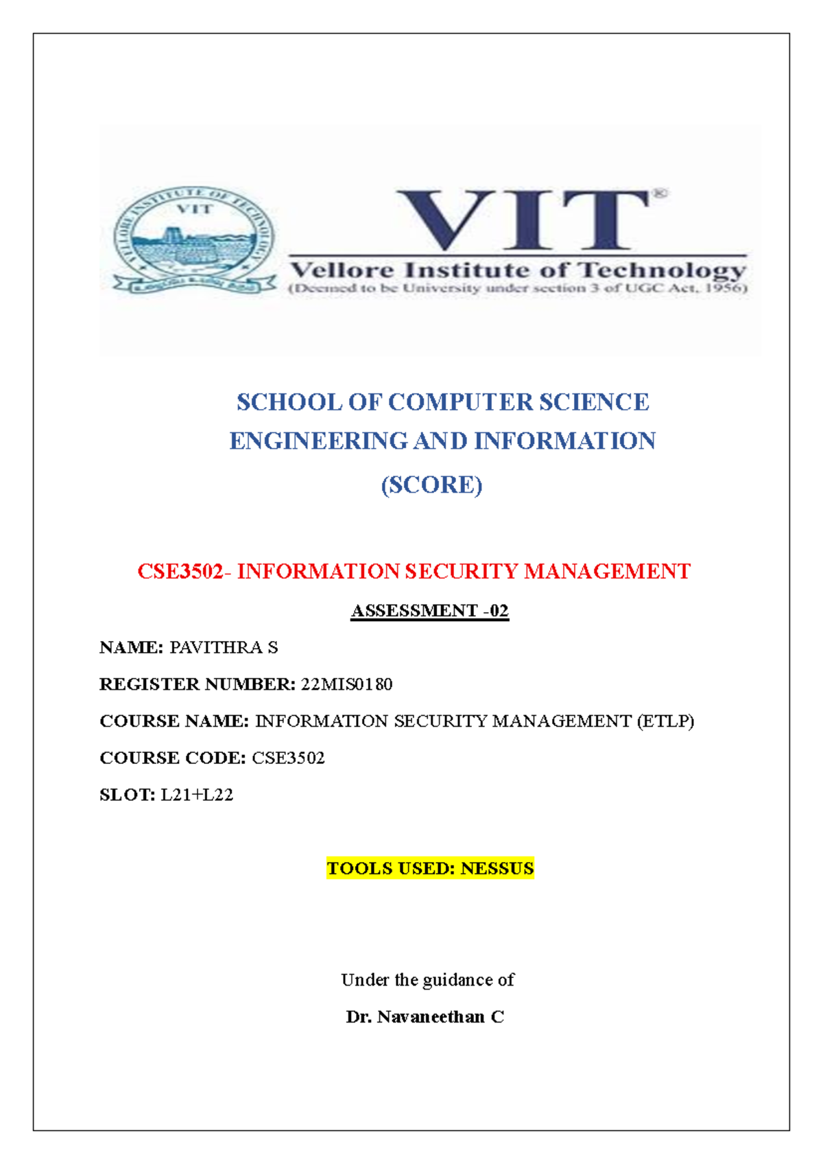 CSE3502 Information Security Management Assessment: Nessus Scan ...