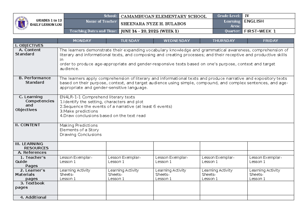 Q1 W1 Daily Lesson Log for English - Camambugan Elementary School - Studocu