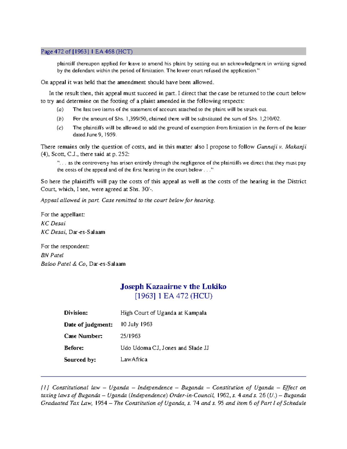 Joseph Kazaraine v. Lukiiko: [1963] 1 EA 472 High Court Appeal Analysis ...