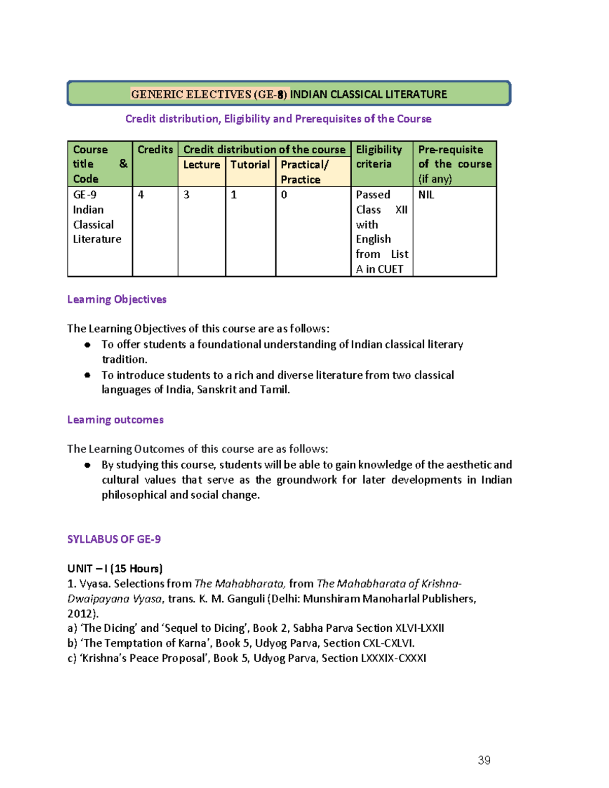 GE 101: Indian Classical Literature Syllabus Overview - Studocu