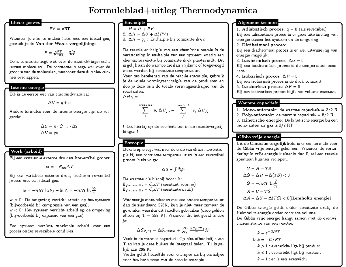 Thermodynamica Formuleblad en Uitleg voor Studenten 2023 - Studeersnel