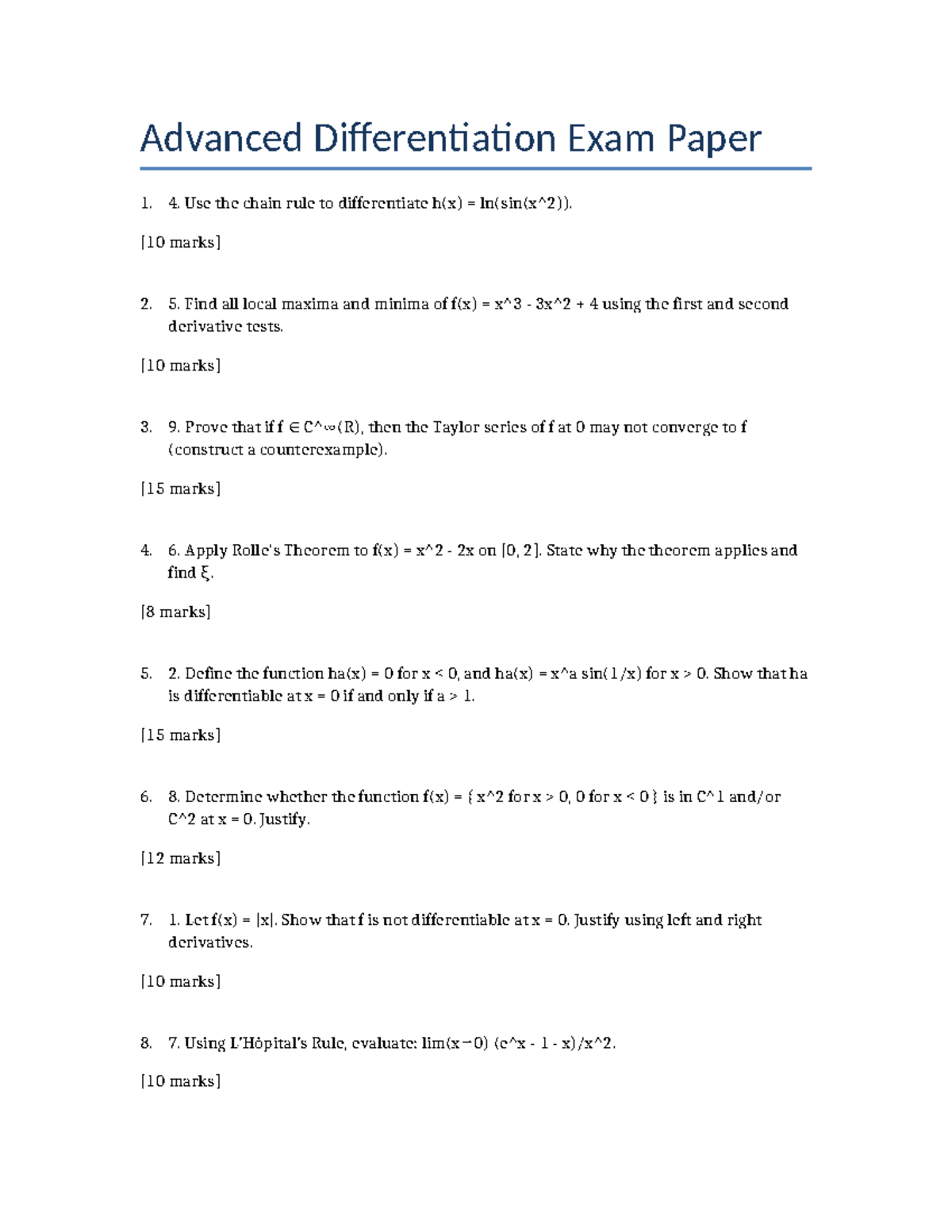 Advanced Differentiation Exam Paper 1: Chain Rule & Derivative Tests ...