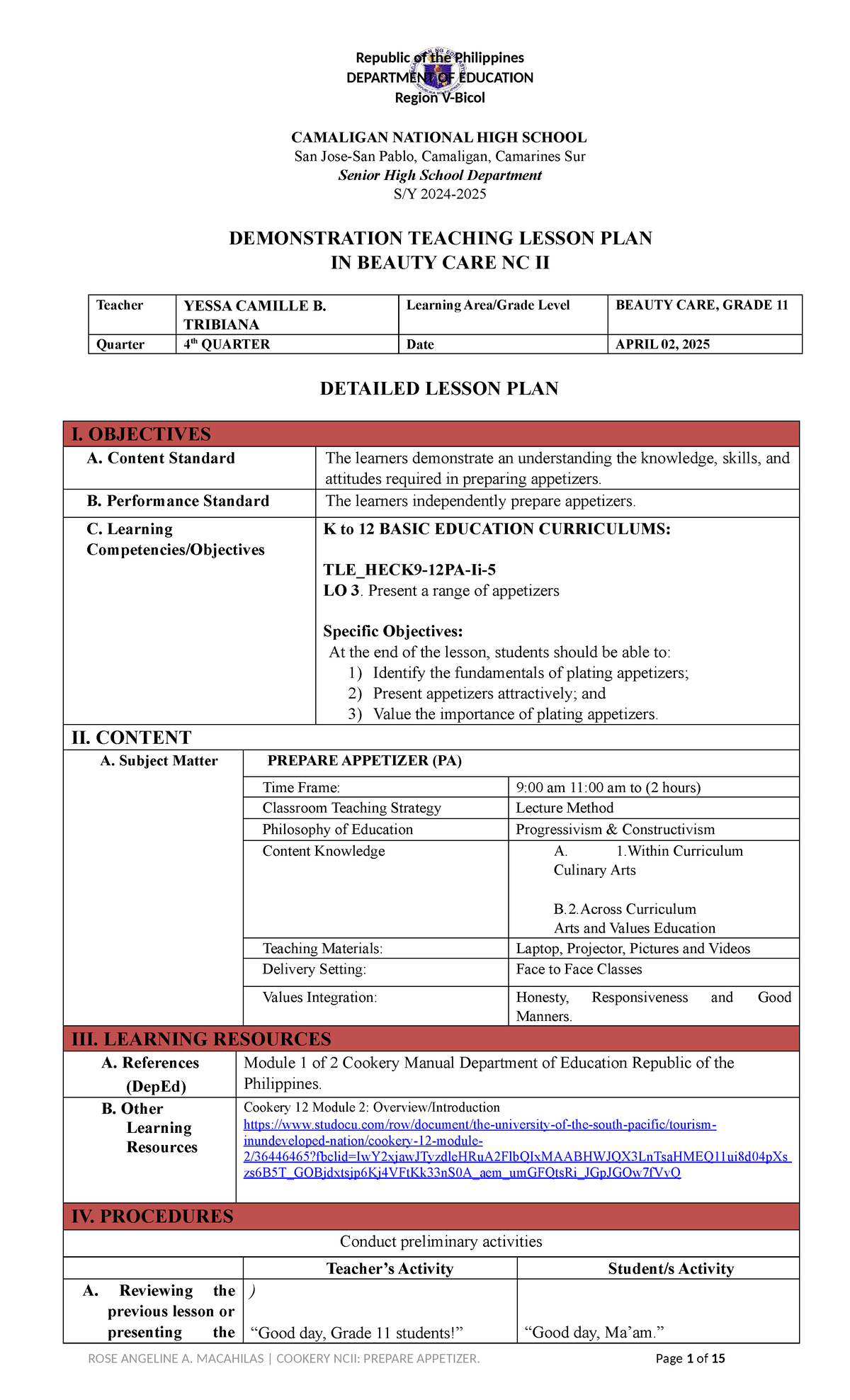 DLP: Detailed Lesson Plan for Beauty Care NC II - Prepare Appetizers ...