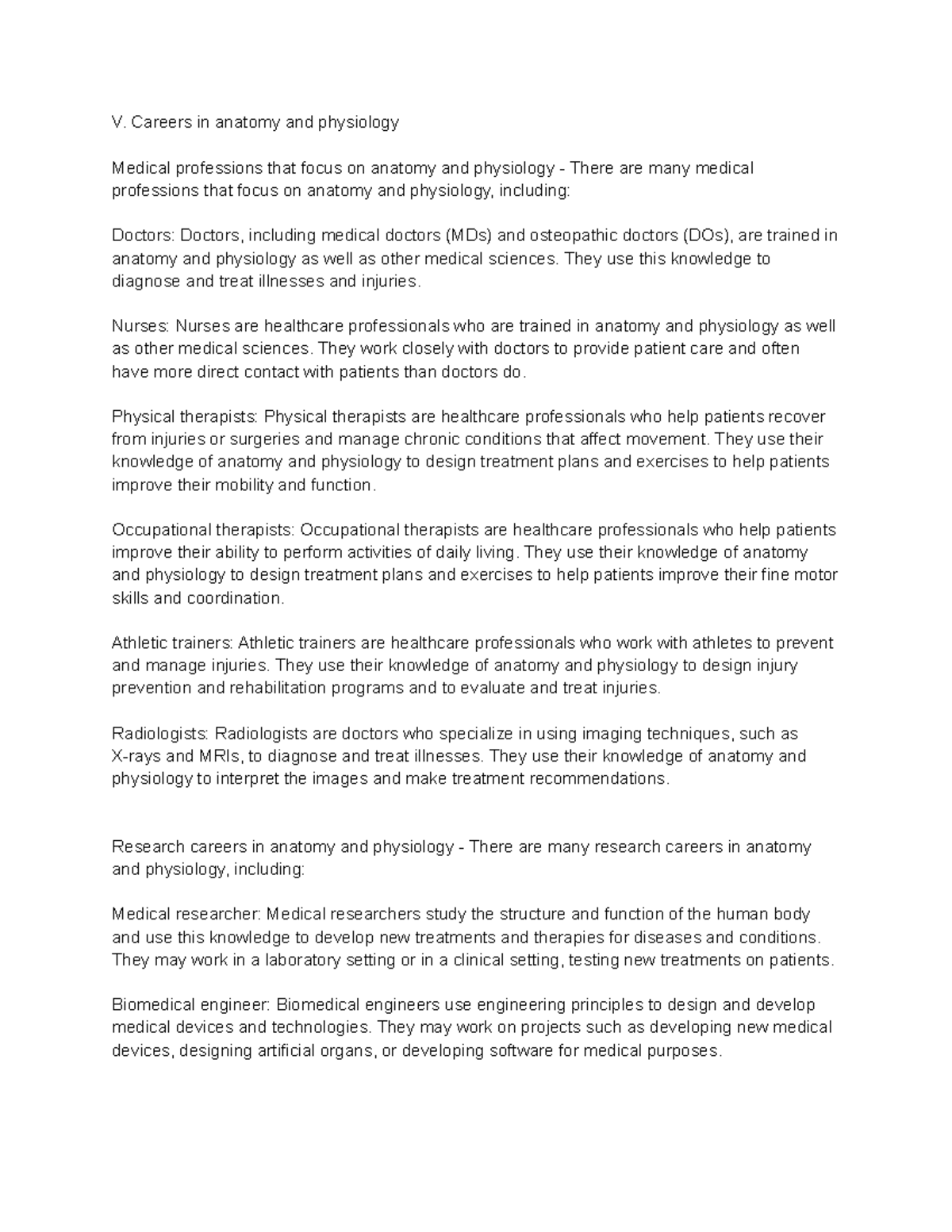 Anatomy and Physiology 3 - V. Careers in anatomy and physiology Medical ...