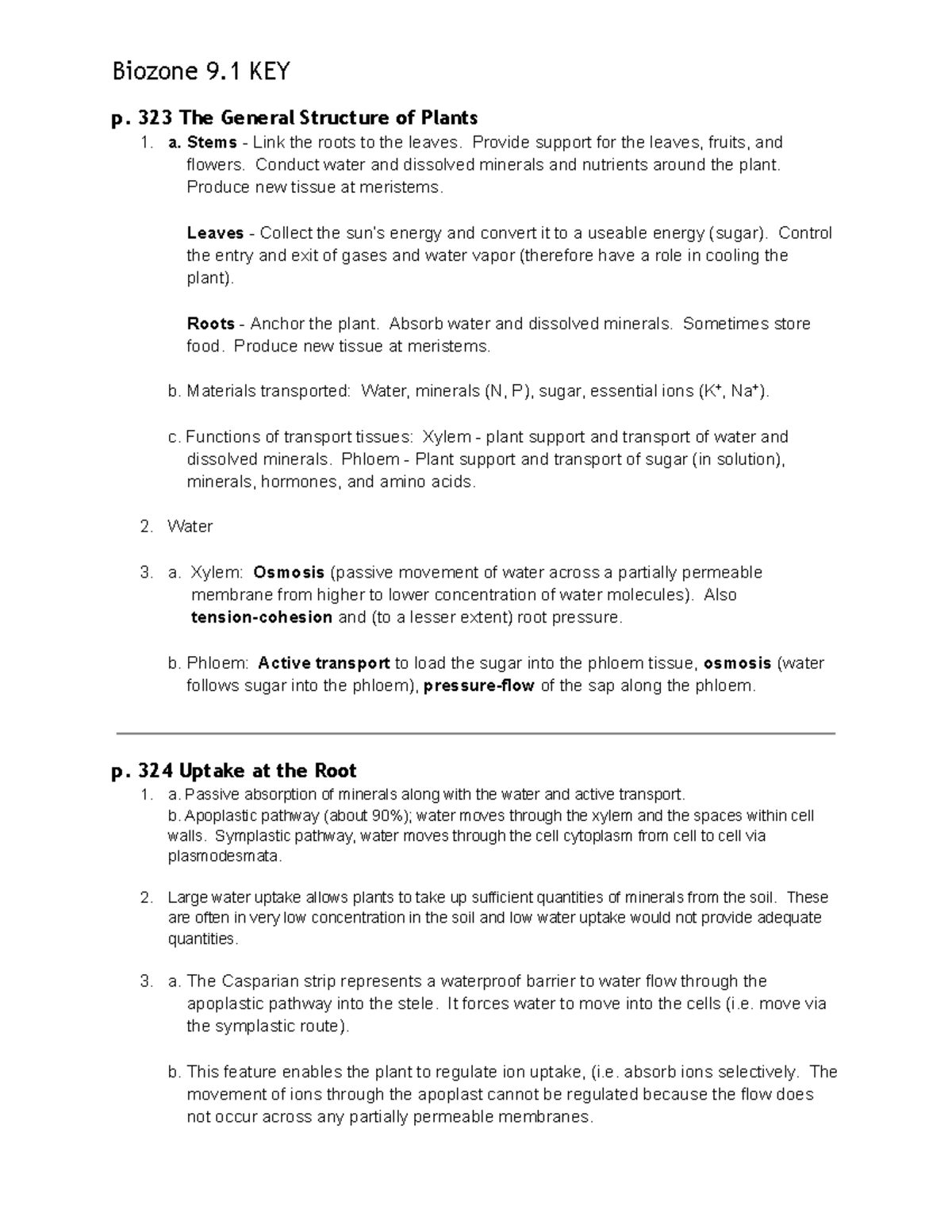 Biozone 9.1 key - Biozone 9 KEY p. 323 The General Structure of Plants ...