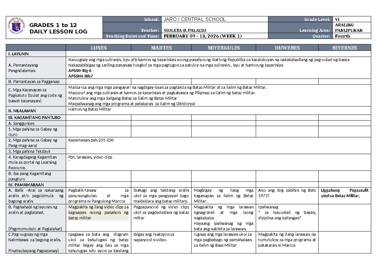 DTC DLL Araling Panlipunan 6 Q4 Week 1 Lesson Plan - Studocu