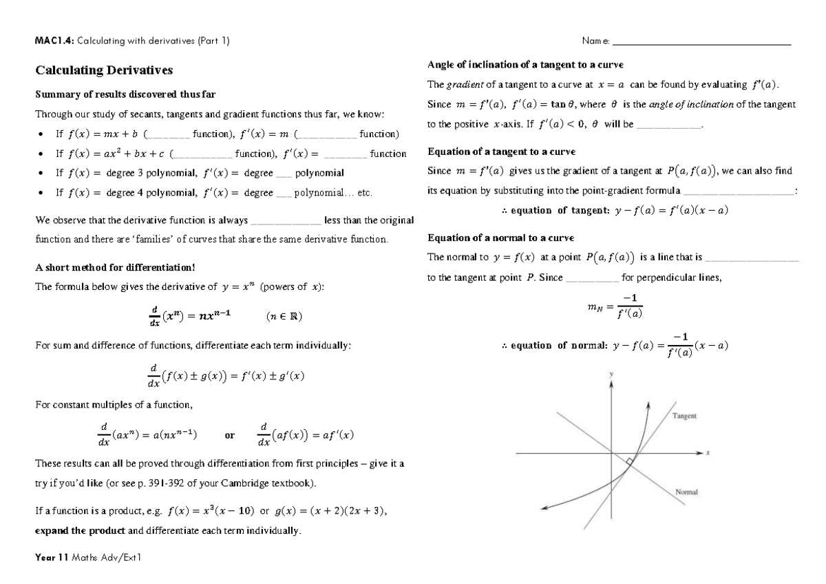 MAC1.4: Derivatives and Tangent Lines - Inclination Angles - Studocu