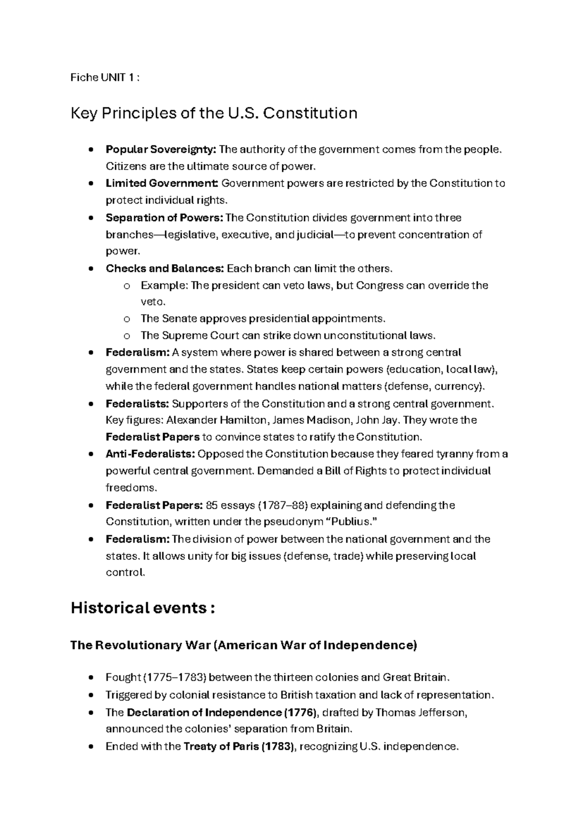 Fiche UNIT 1: Key Principles of the U.S. Constitution - Studocu