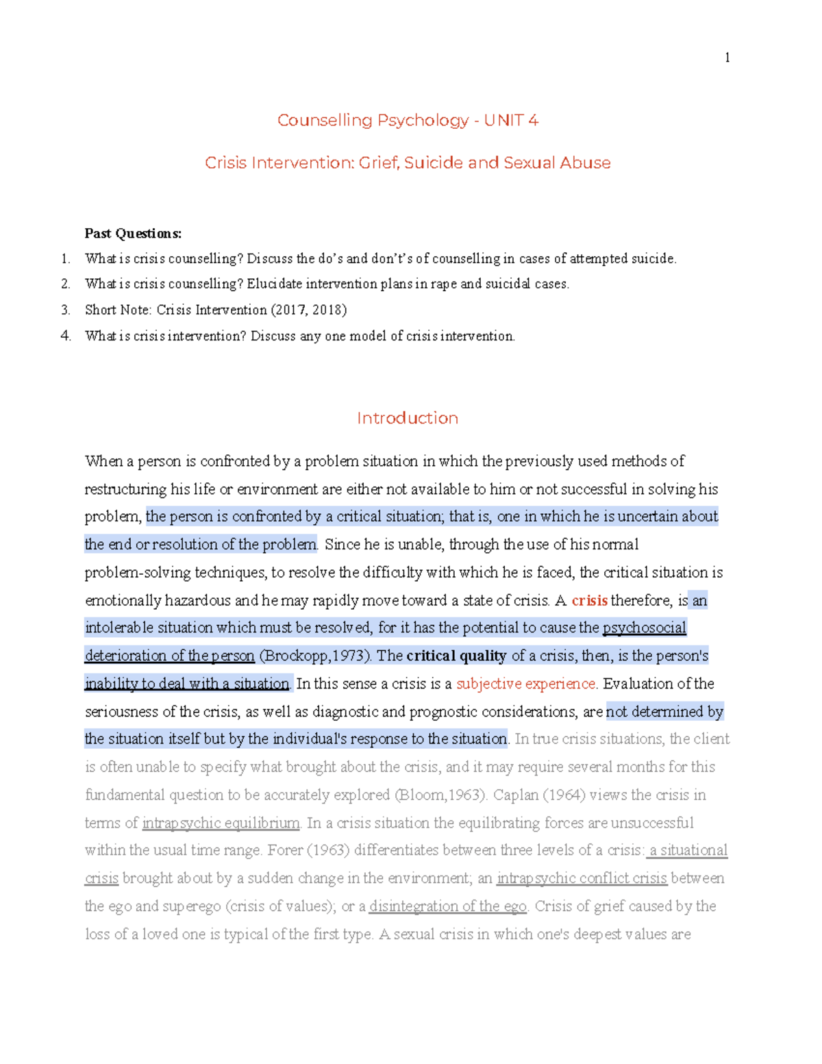 CP - UNIT 4 Crisis Intervention: Grief, Suicide & Sexual Abuse Insights - Studocu
