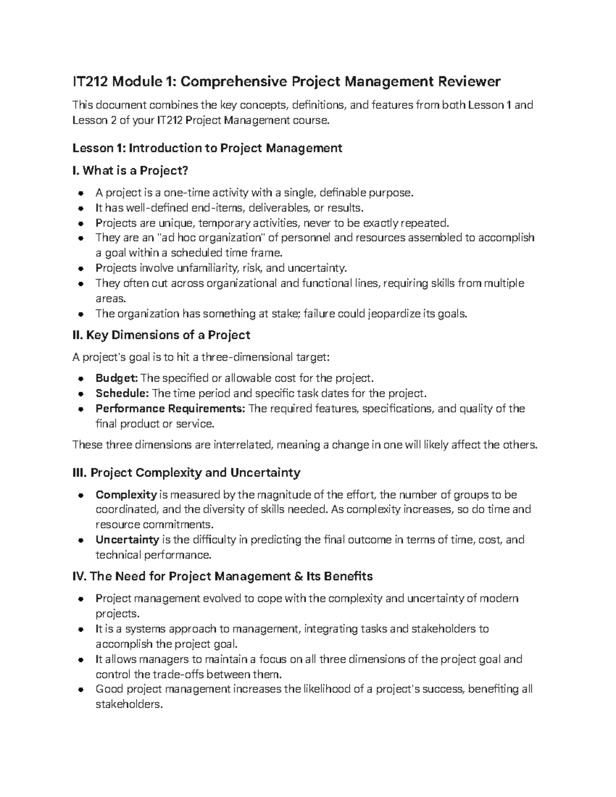 IT212 Module 1: Project Management Key Concepts & Functions Review ...
