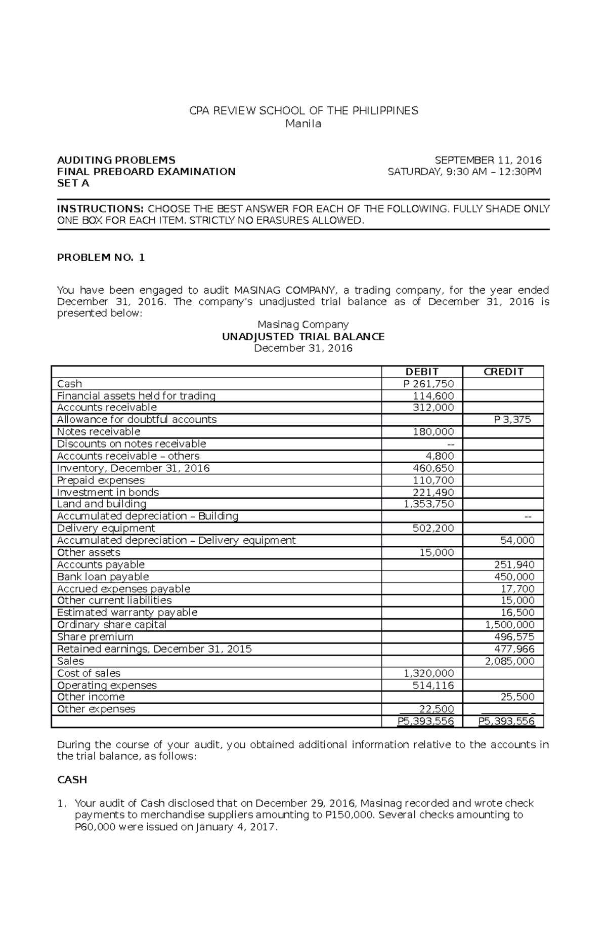 CPAR Auditing Problems Final Preboard Exam Set A 2016 - Studocu
