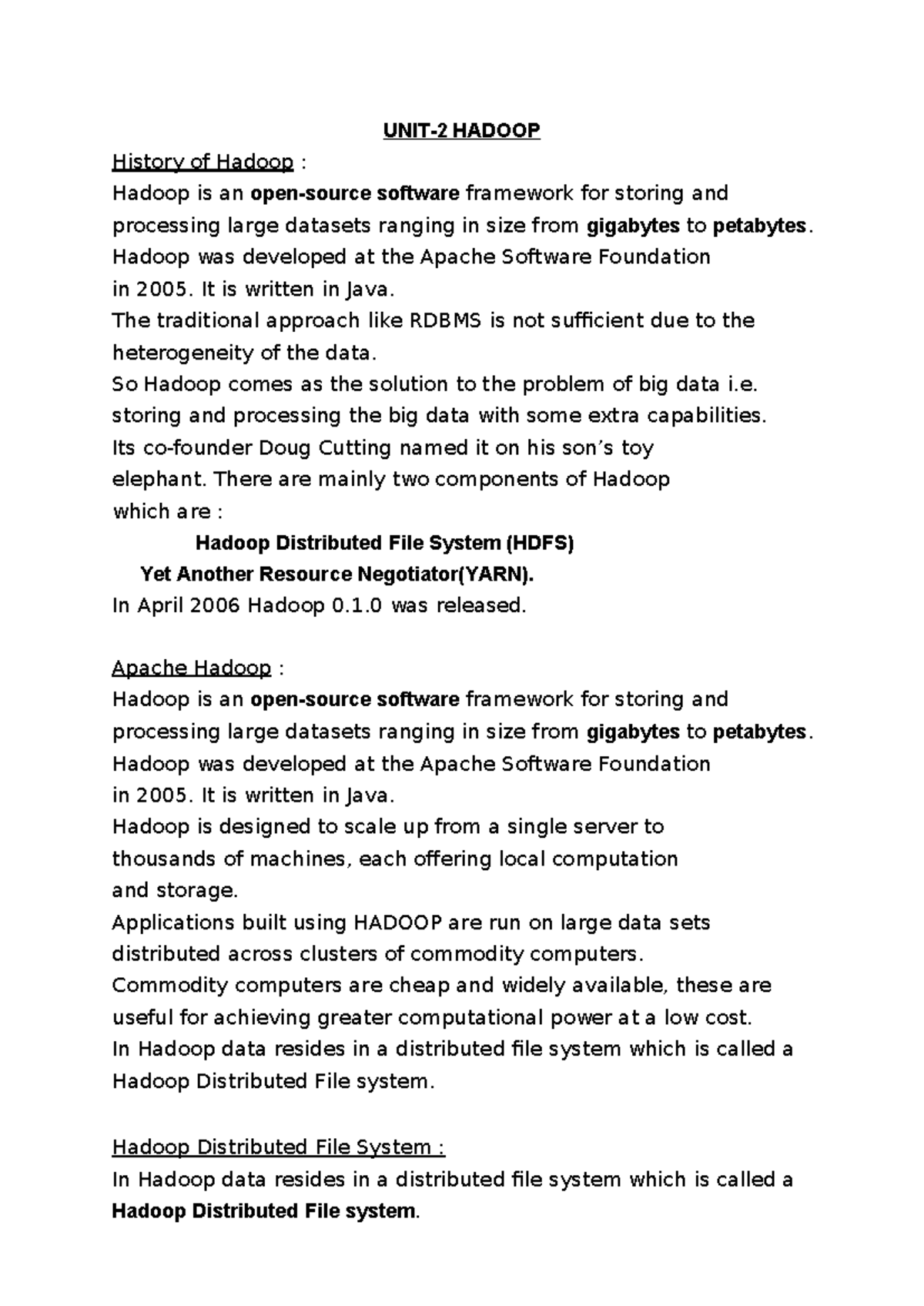 HADOOP History and Components: Big Data Unit 2 Notes - Studocu