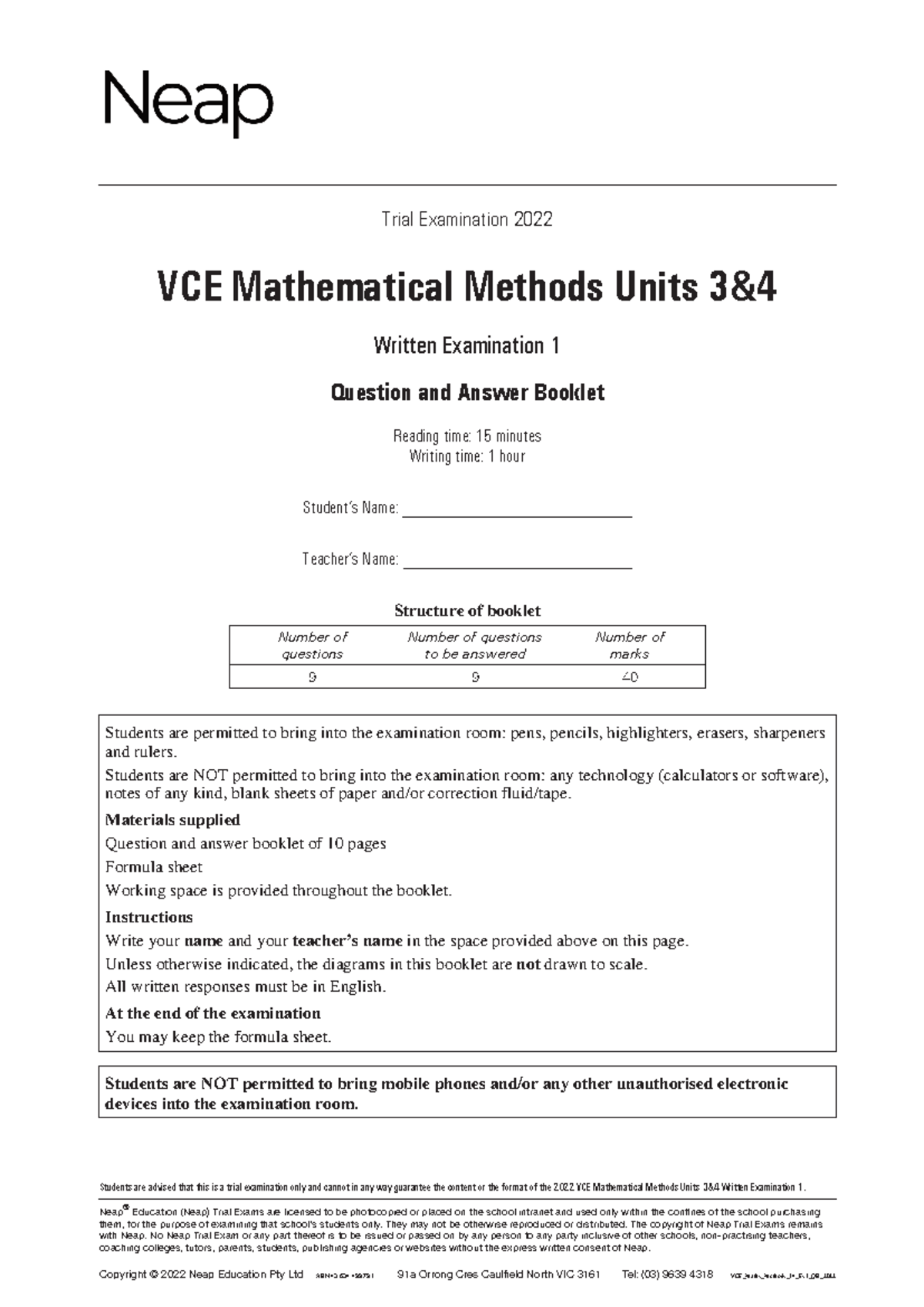 VCE Maths Methods Units 3&4 Trial Exam 1 Q&A Booklet 2022 - Studocu