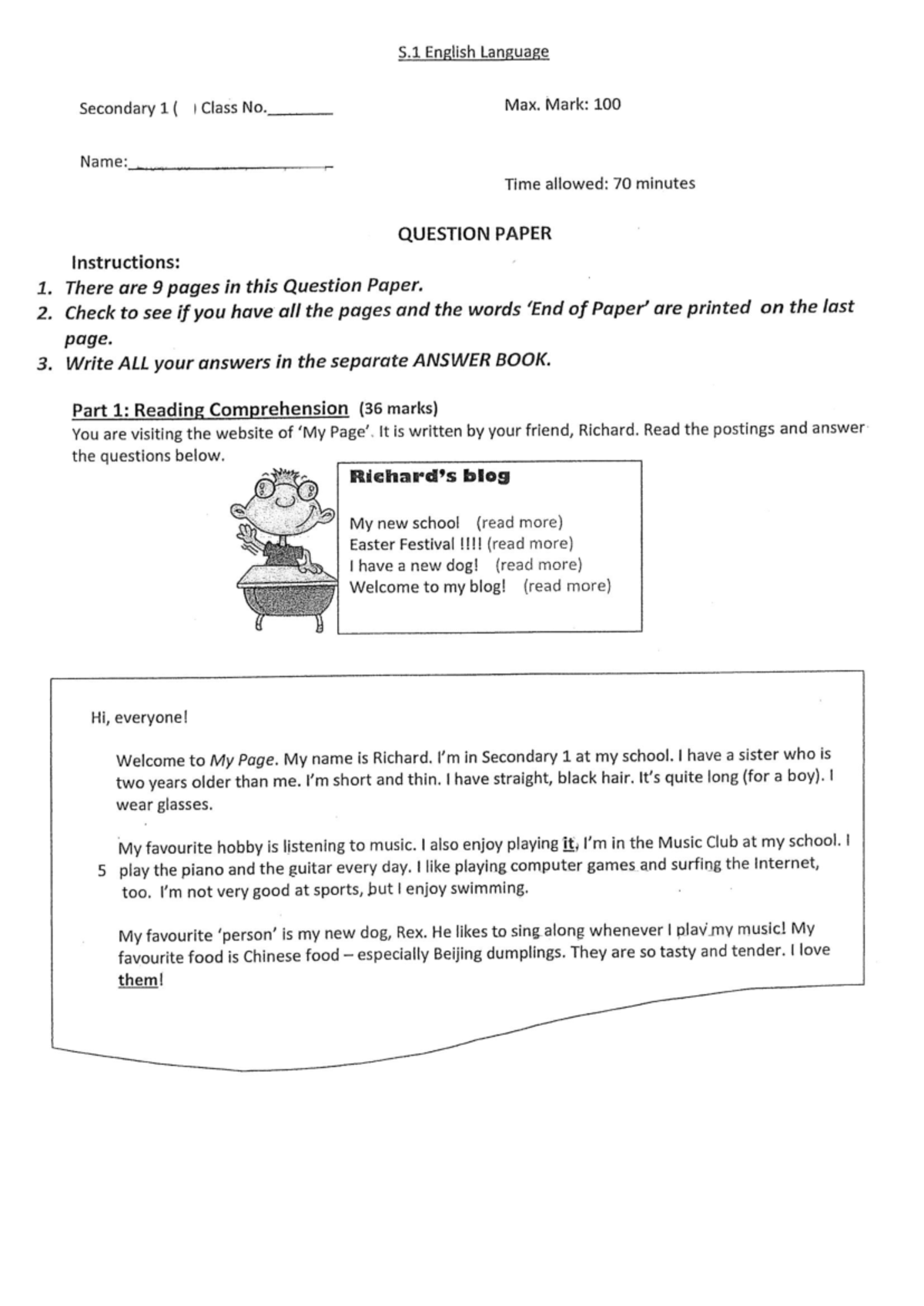 S1 English Language Practice Test - First Assessment - Studocu