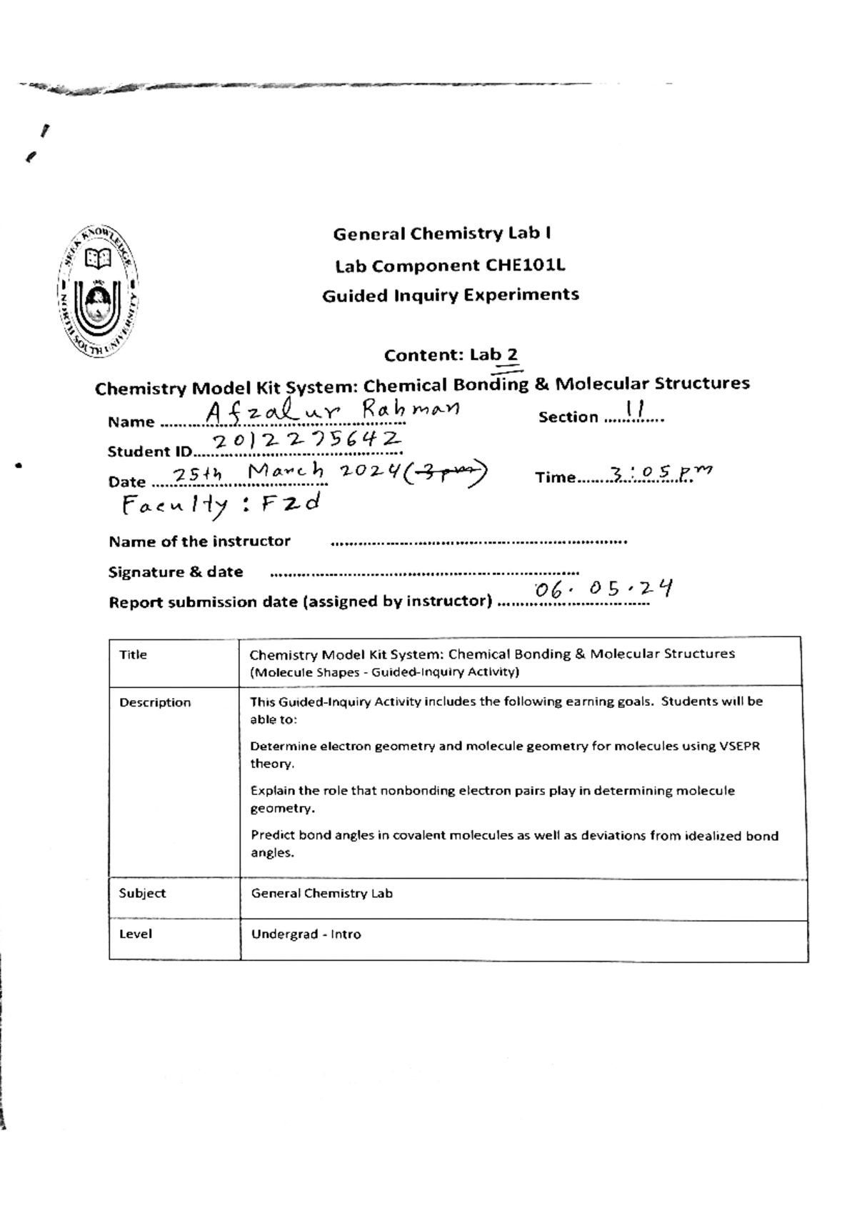 CHE101 Lab 2 Report and Analysis on Experimental Procedures - Studocu