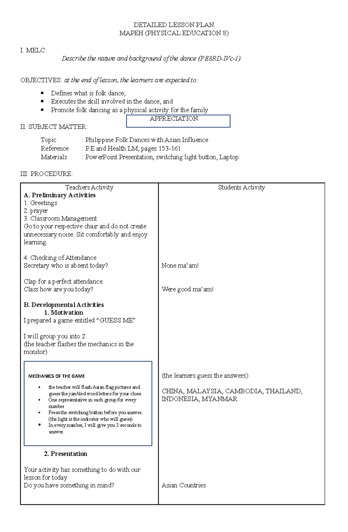 DLL IN Mapeh 8 DEMO - DETAILED LESSON PLAN MAPEH (PHYSICAL EDUCATION 8 ...