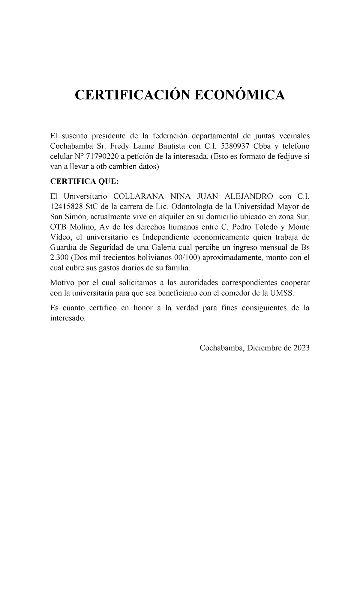 Certificado Económico Independiente - Lic. Odontología UMSS - Studocu