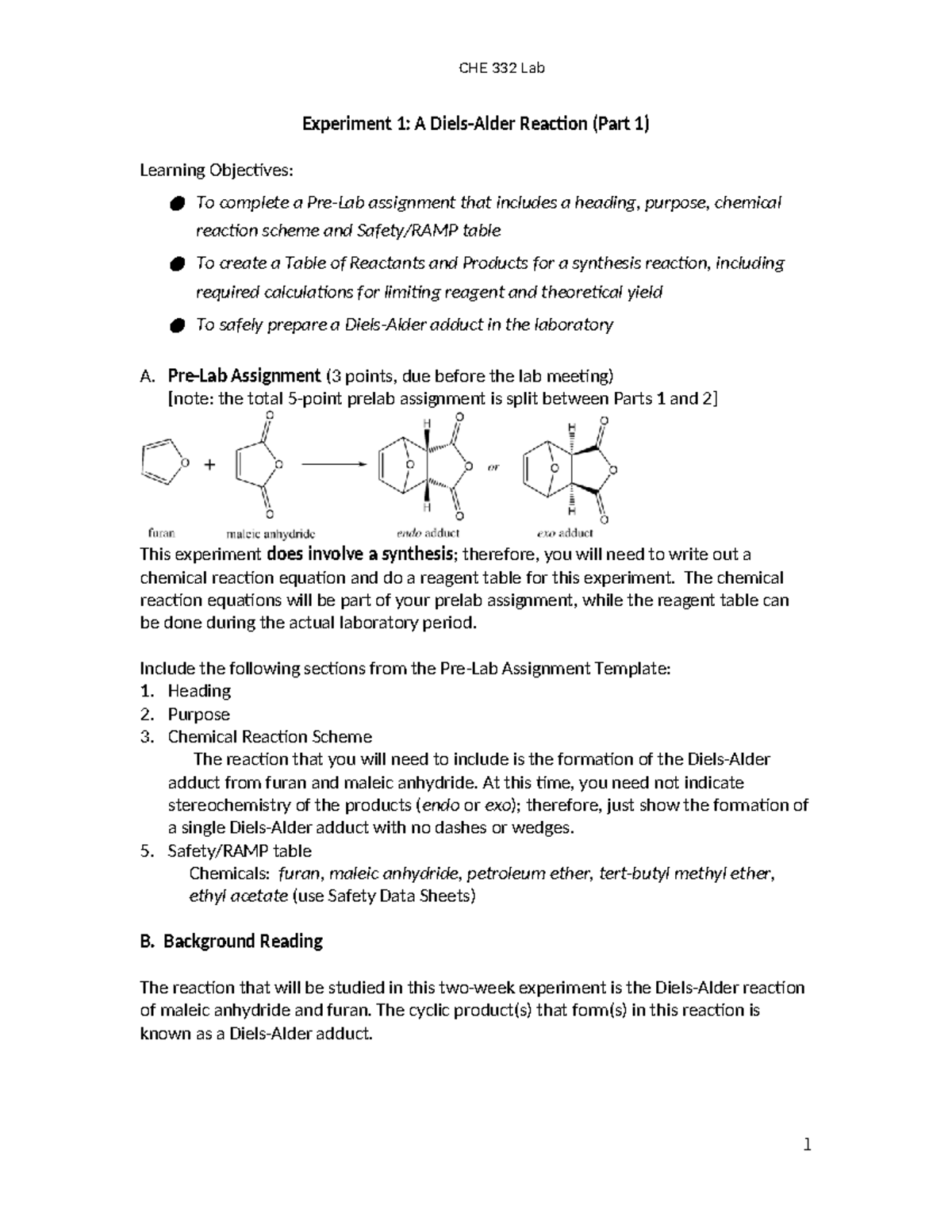 TCNJ Diels-Alder Reaction Lab: Part 1 CHE 332 Fall 2024 - Studocu