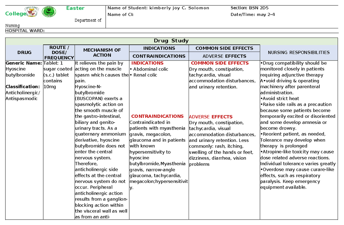 Hyoscine (BUSCOPAN) - Drug Study Notes for BSN 2D Class - Studocu
