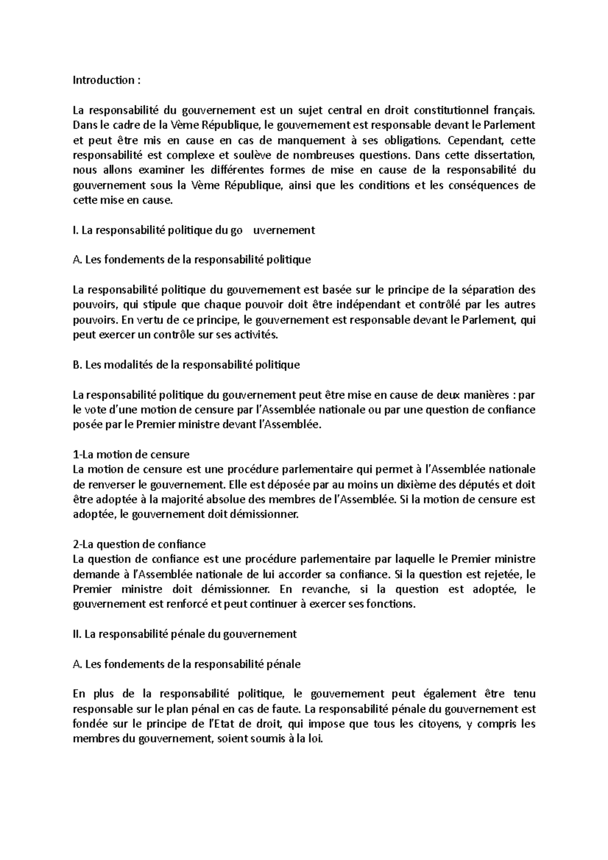 Droit Constit TD 7 : La Responsabilité du Gouvernement en France - Studocu