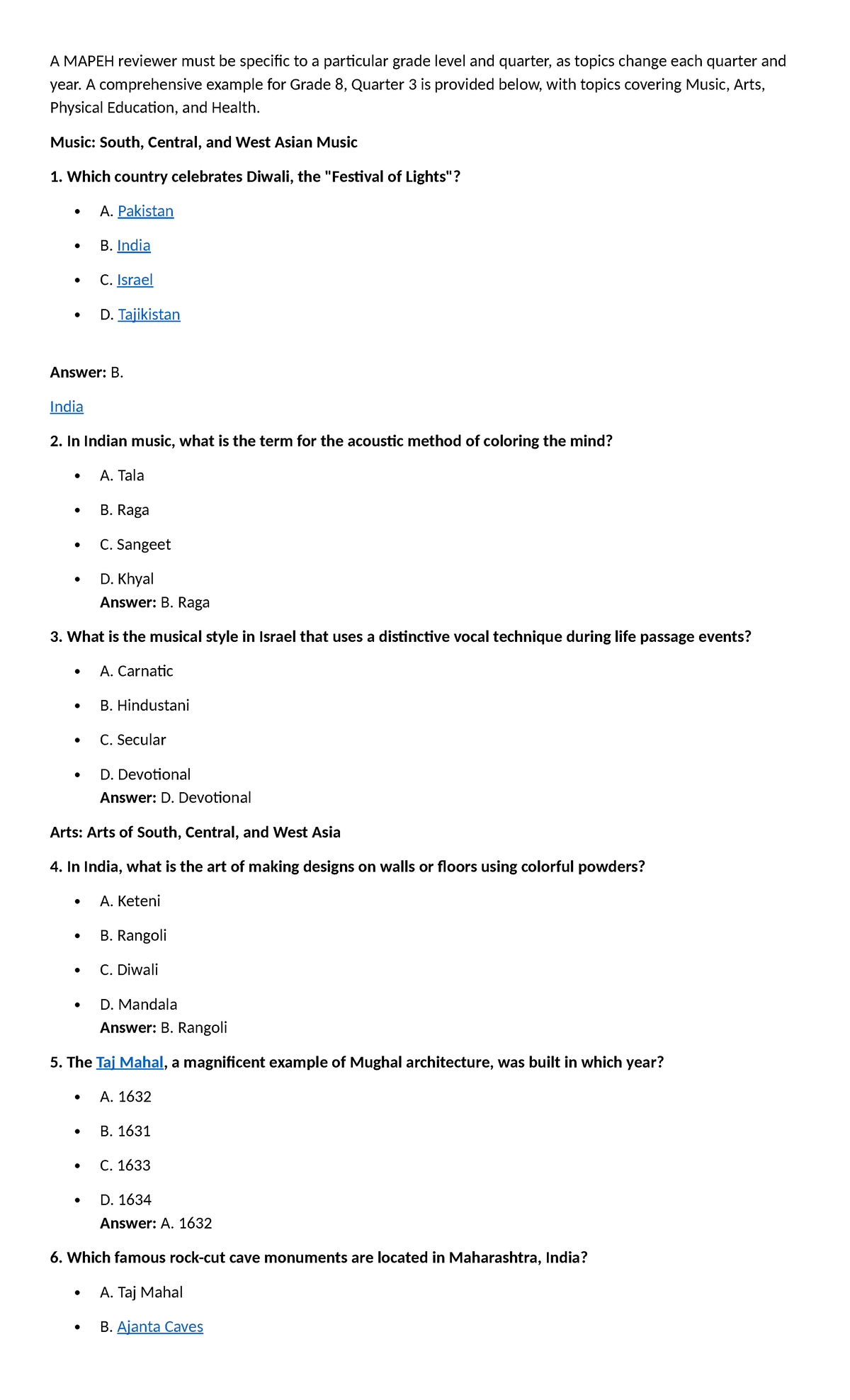 Grade 8 MAPEH Reviewer: Quarter 3 Topics & Questions - Studocu
