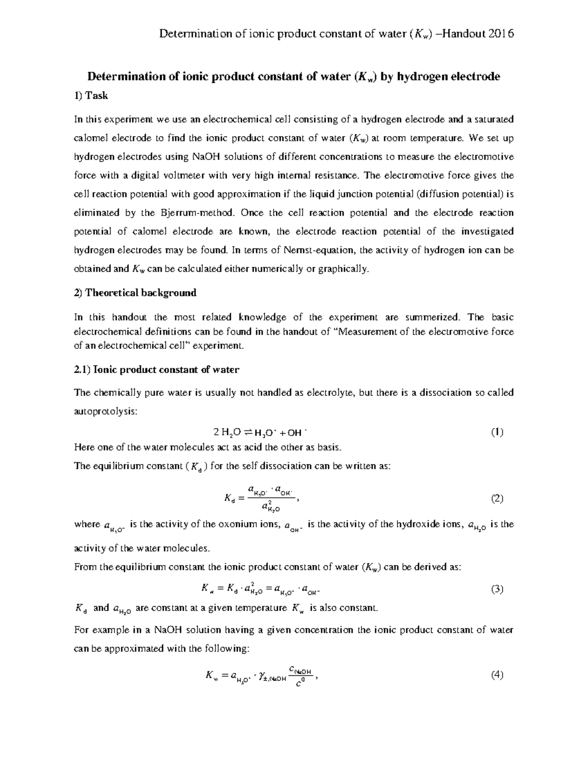 Kw calculate water activity - Determination of ionic product constant ...