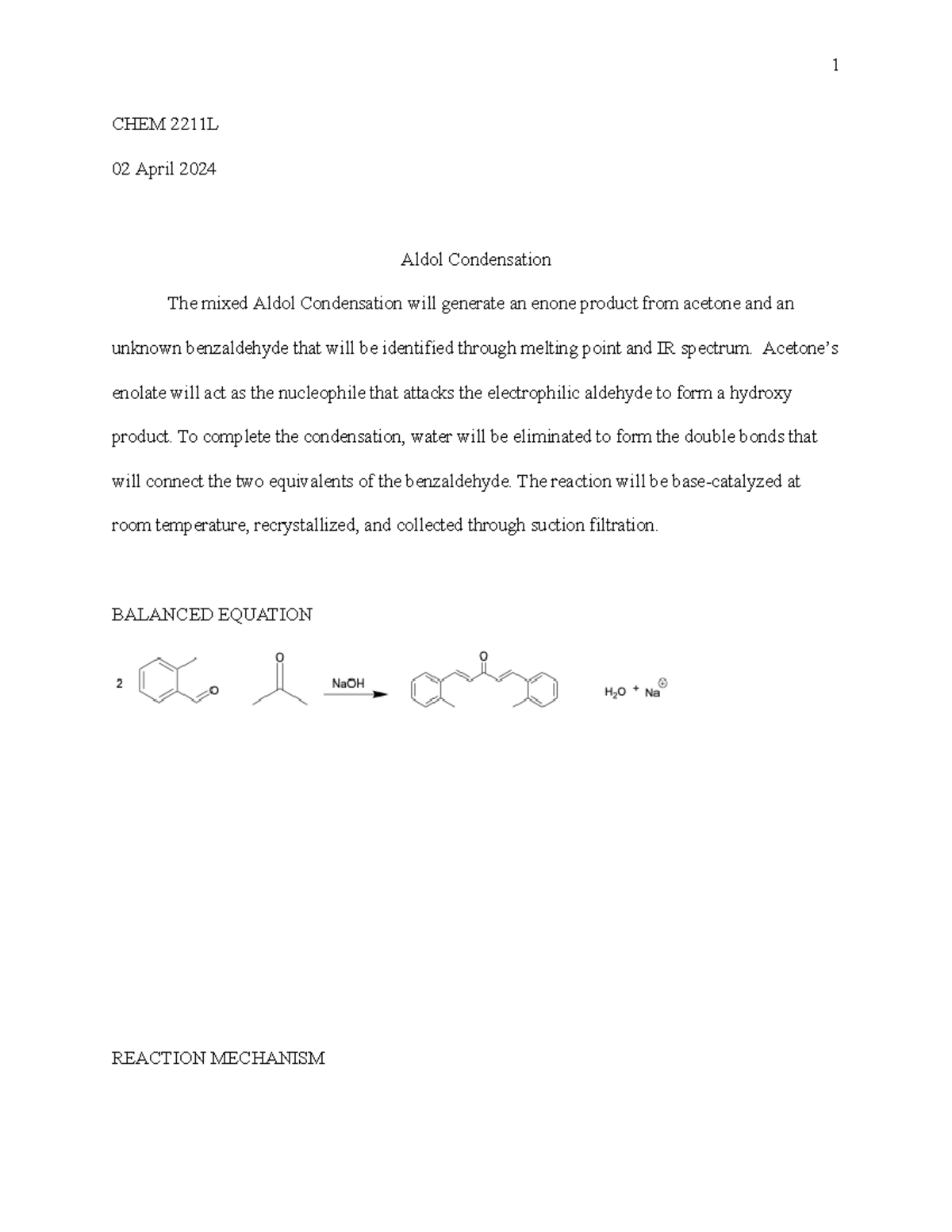 CHEM 2211L Lab 9: Report on Aldol Condensation Experiment Results - Studocu