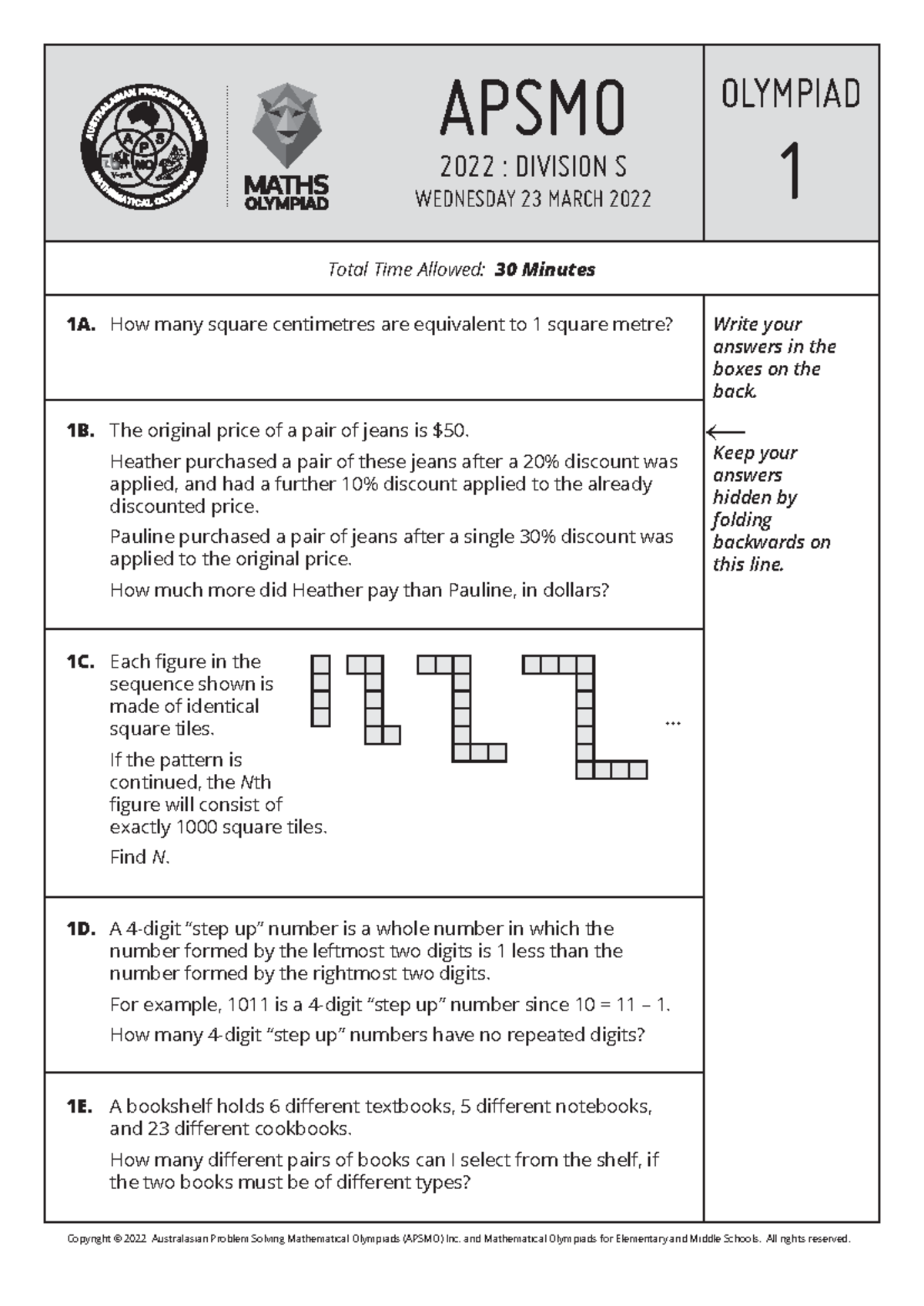 APSMO Year 7 Competition Past Papers 2022 - Division S - Studocu