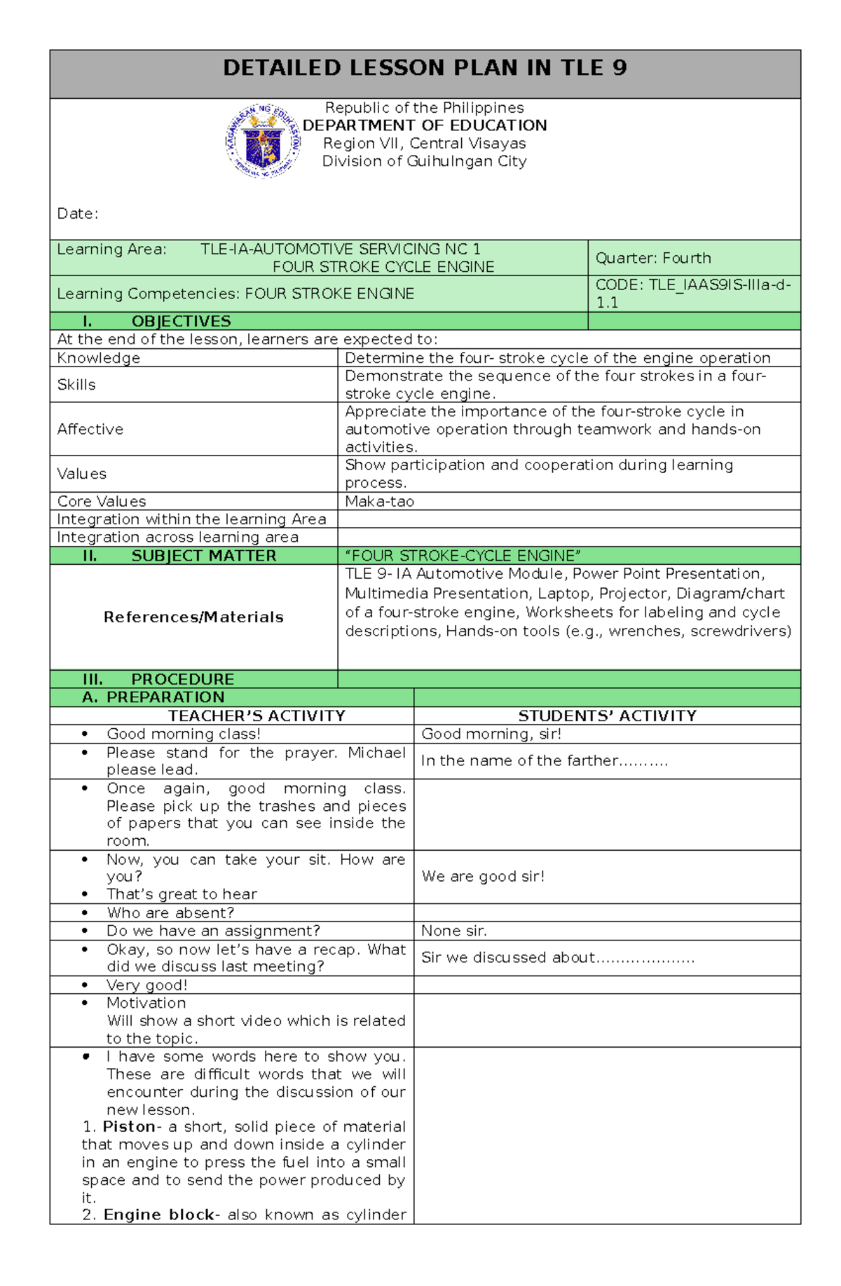 TLE 9 Detailed Lesson Plan on Four-Stroke Cycle Engine - Studocu