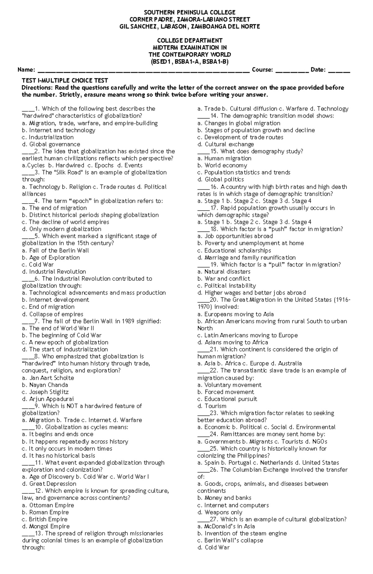 BSED1 Midterm Exam: Key Concepts in Globalization - Studocu