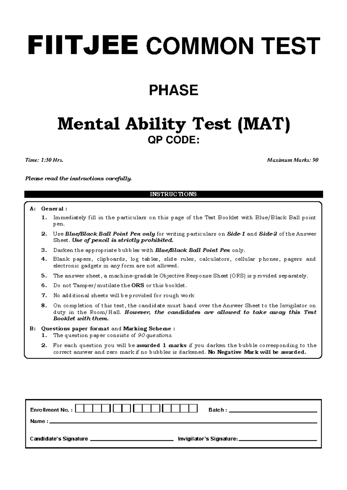 FIITJEE COMMON TEST PHASE: MAT for Class VI-VII & VIII (NTSE Pattern ...