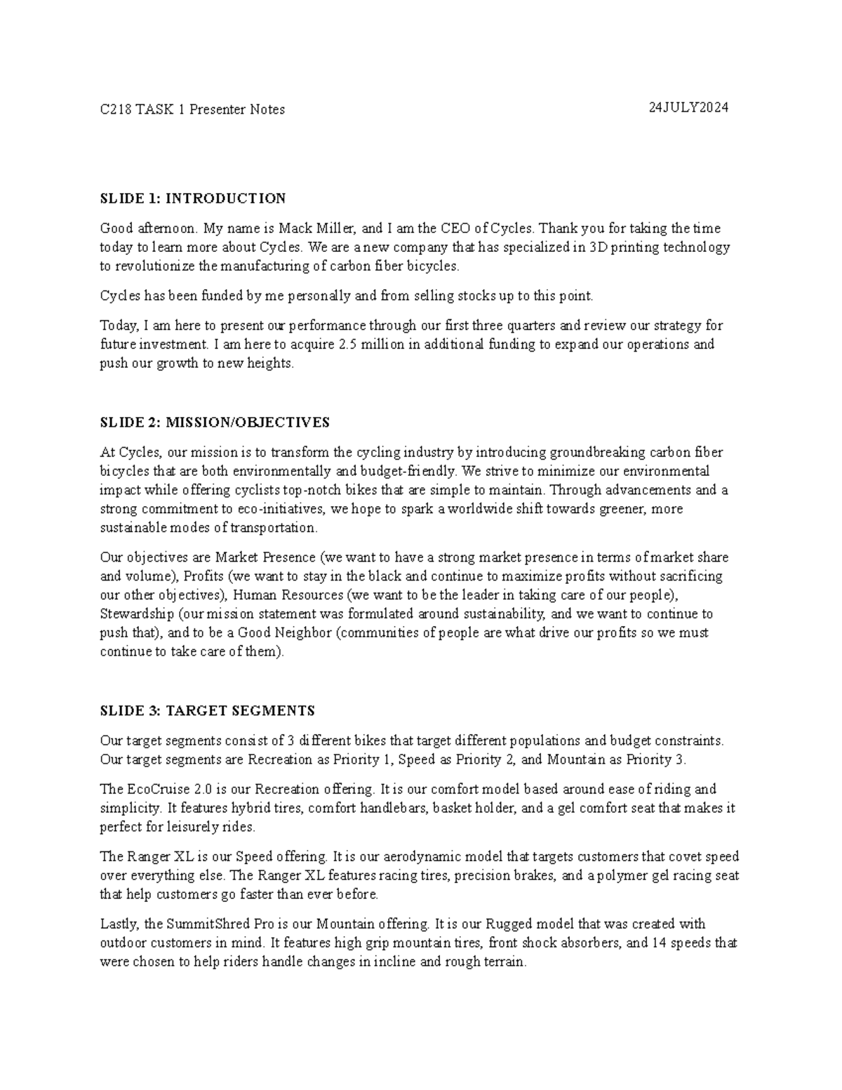 C218 TASK 1 Presentation Notes: Cycles Growth & Strategy Overview - Studocu