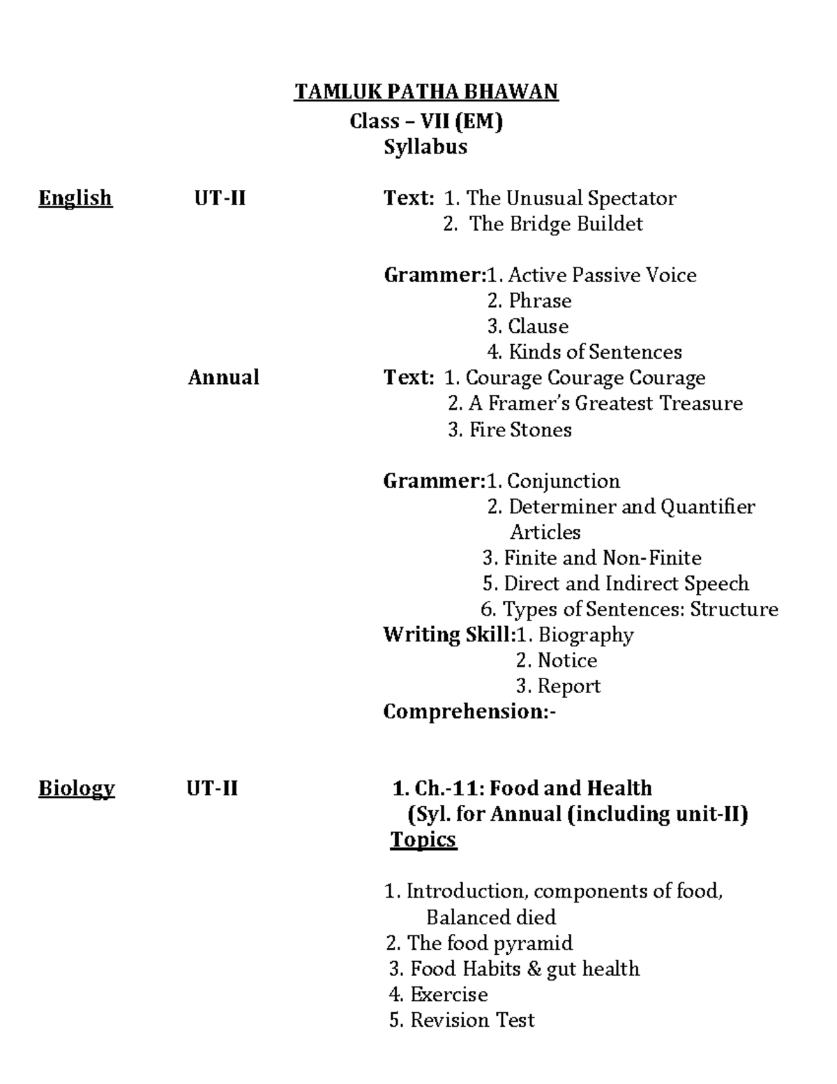 Updated Syllabus for Class VII (EM) Annual Exam 2023 - Studocu