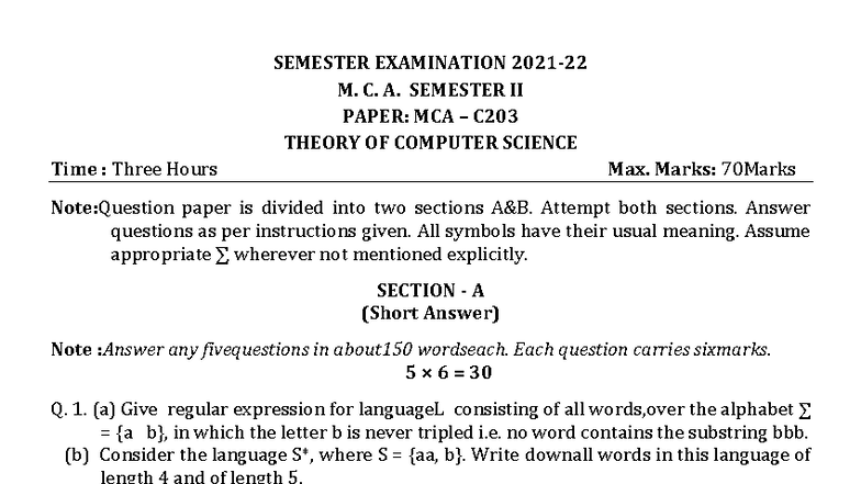 MCA C203 - Theory of Computer Science Semester Exam Guide - Studocu