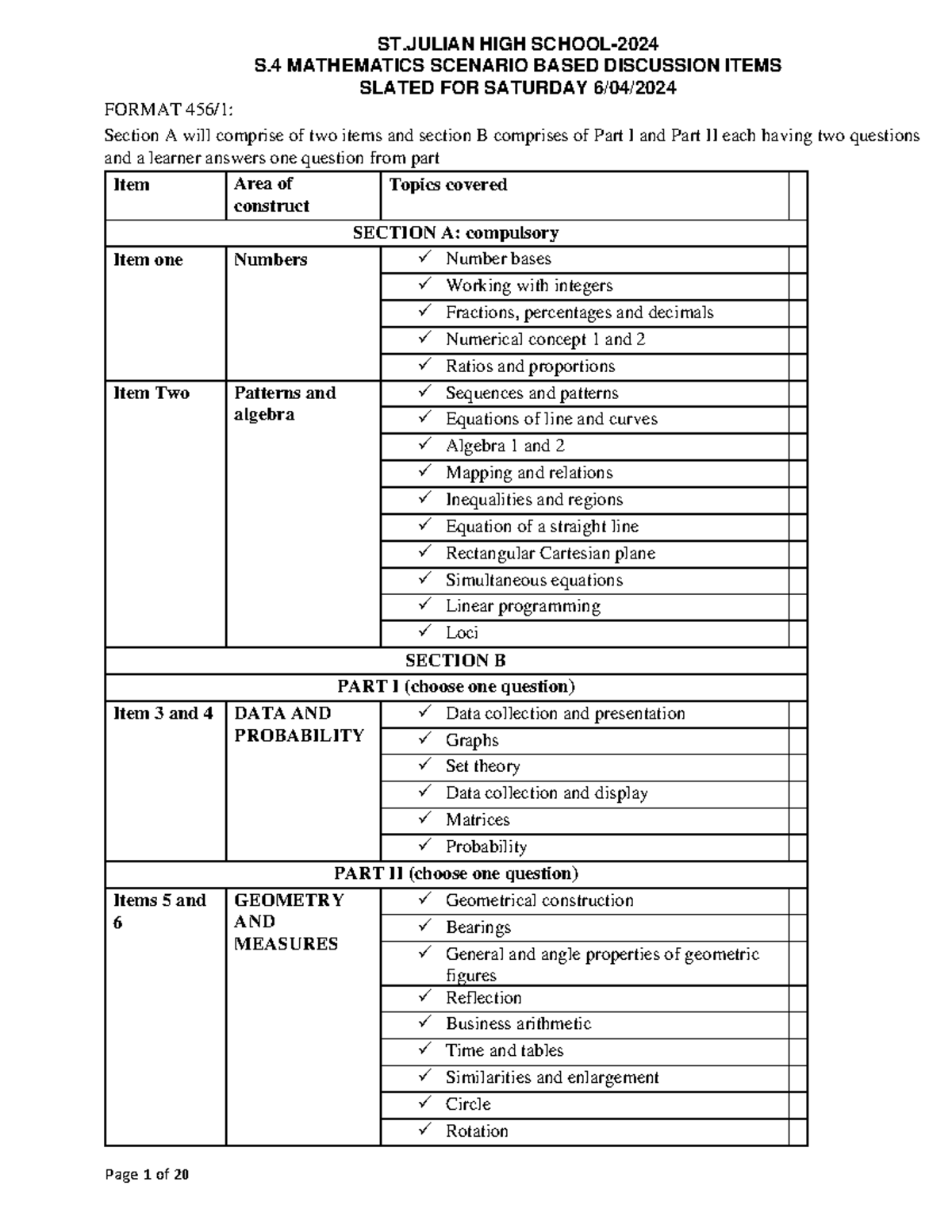 S.4 Mathematics Scenario-Based Discussion Questions for Saturday Exam ...