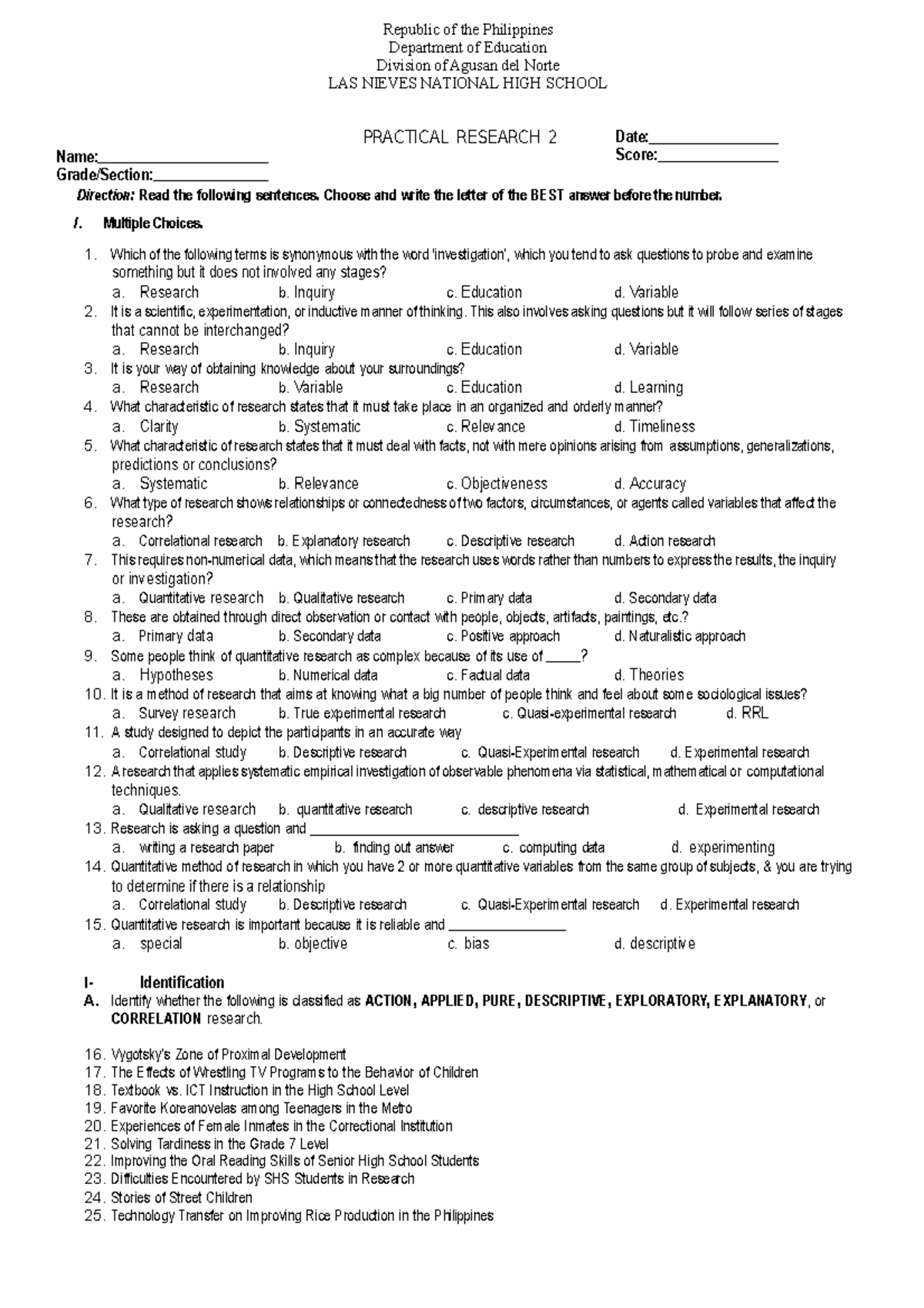 Practical-research-2-final-examination 080711 - Republic of the ...