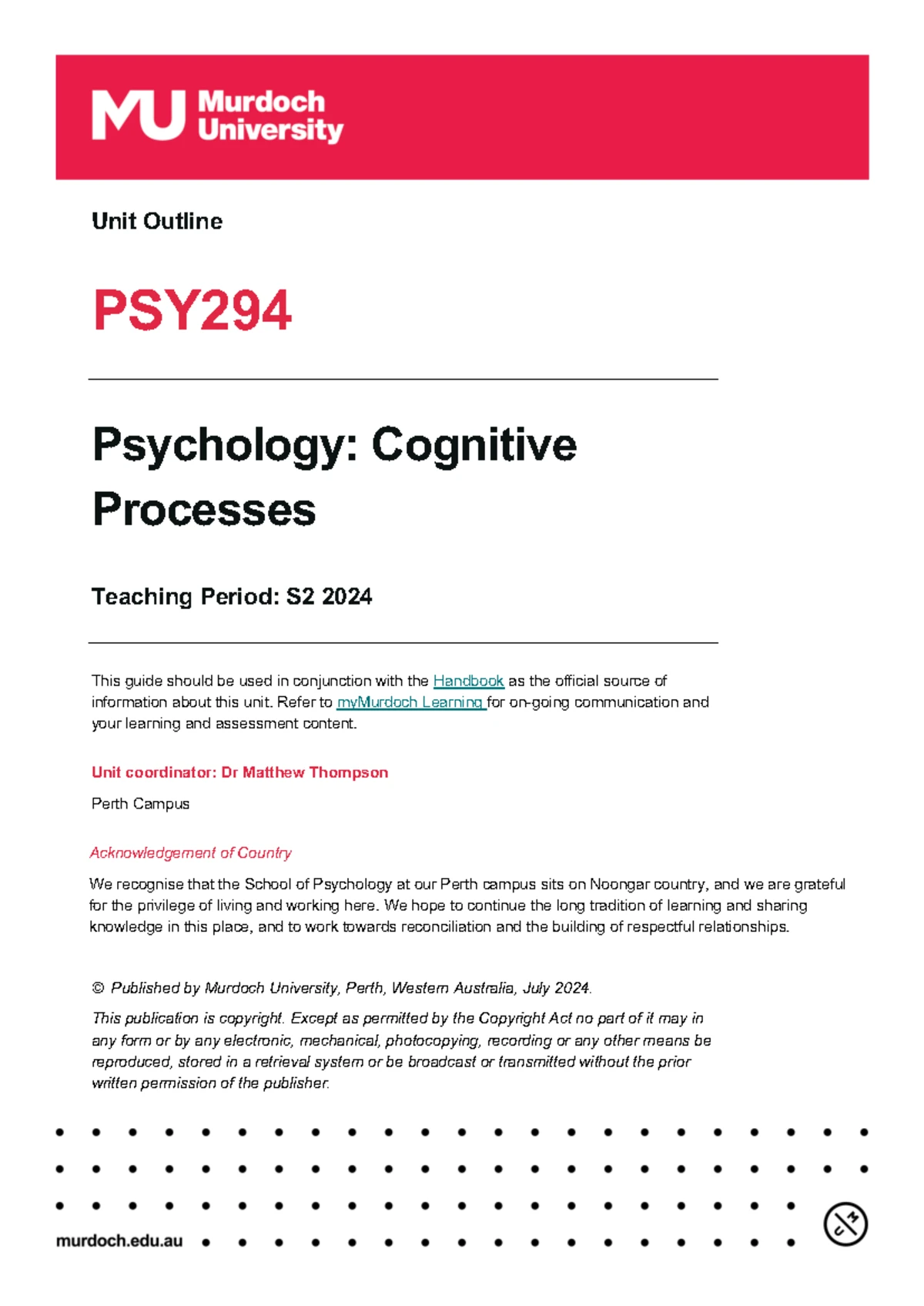 PSY294 Cognitive Psychology Unit Guide S2 2025 - Studocu