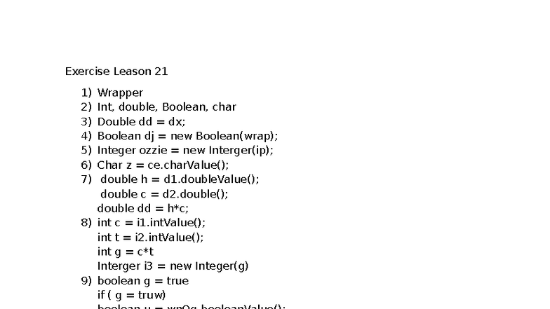 Exercise Lesson 21 - Wrapper Classes and Data Types Notes - Studocu