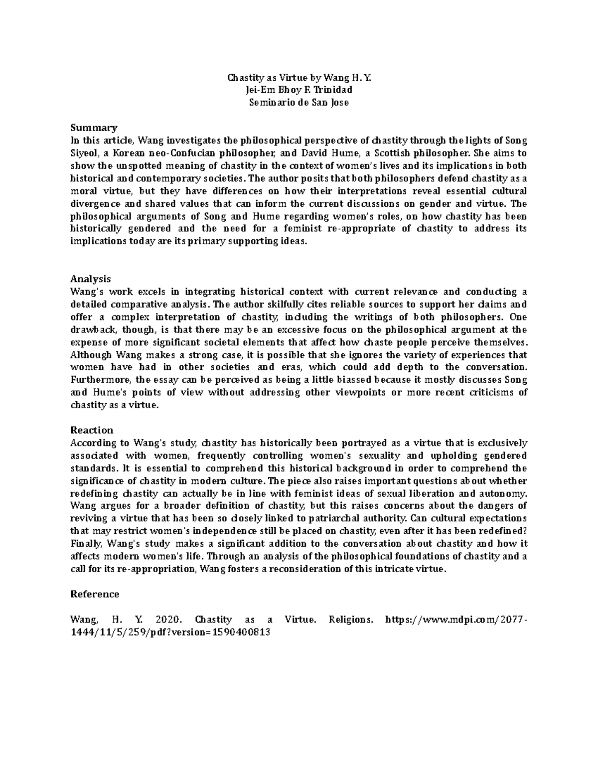 Chastity as Virtue By Wang H - Y. Jei-Em Bhoy F. Trinidad Seminario de ...