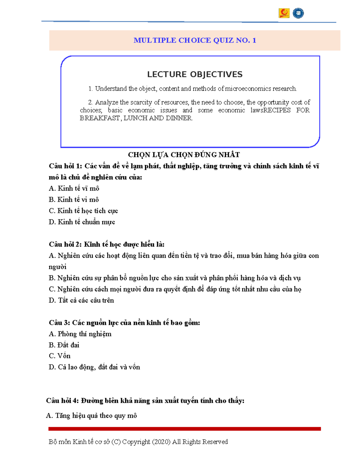 MULTIPLE CHOICE QUIZ NO. 1: MICROECONOMICS OBJECTIVES AND QUESTIONS ...