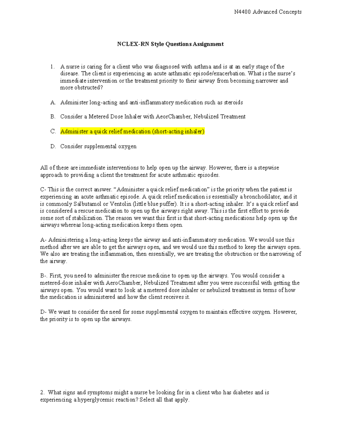 N4400 Advanced Concepts NCLEX Style Questions Assignment 1 - Studocu